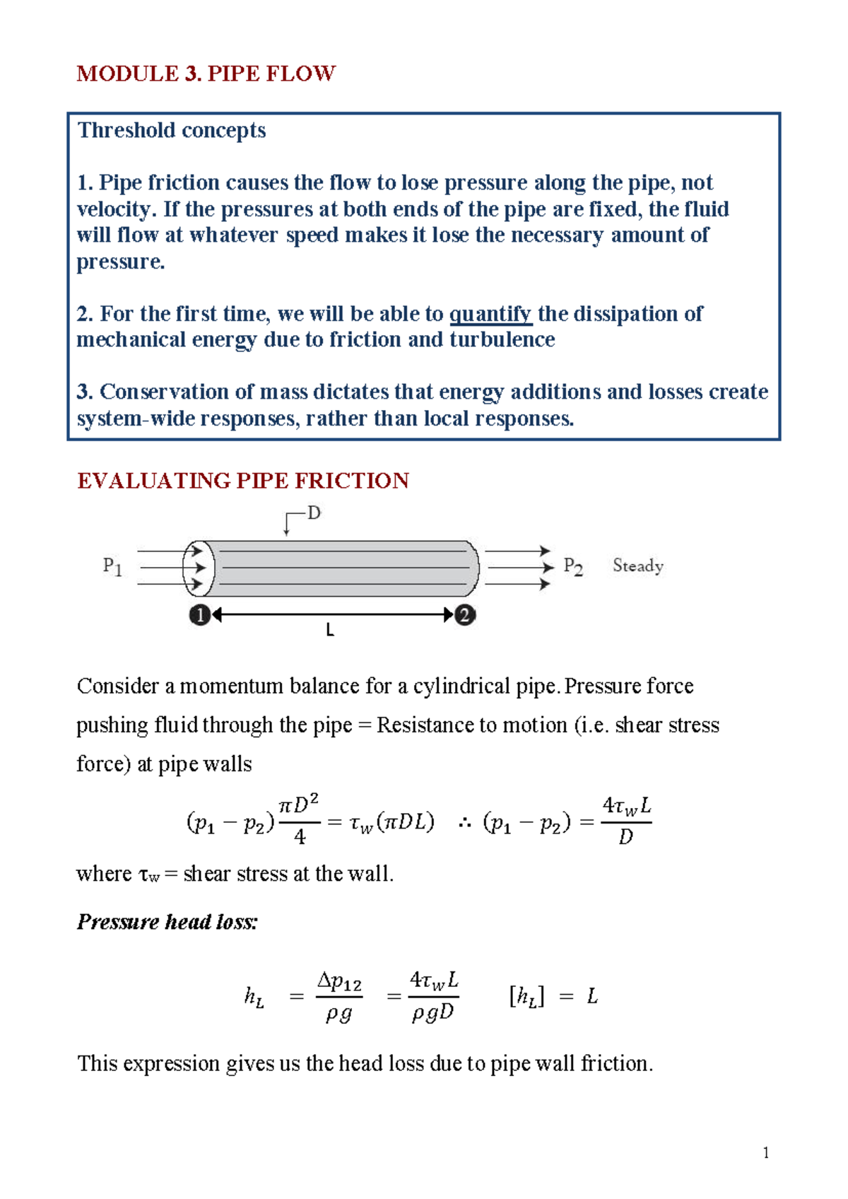Pipe flow notes - MODULE 3. PIPE FLOW Threshold concepts Pipe friction ...