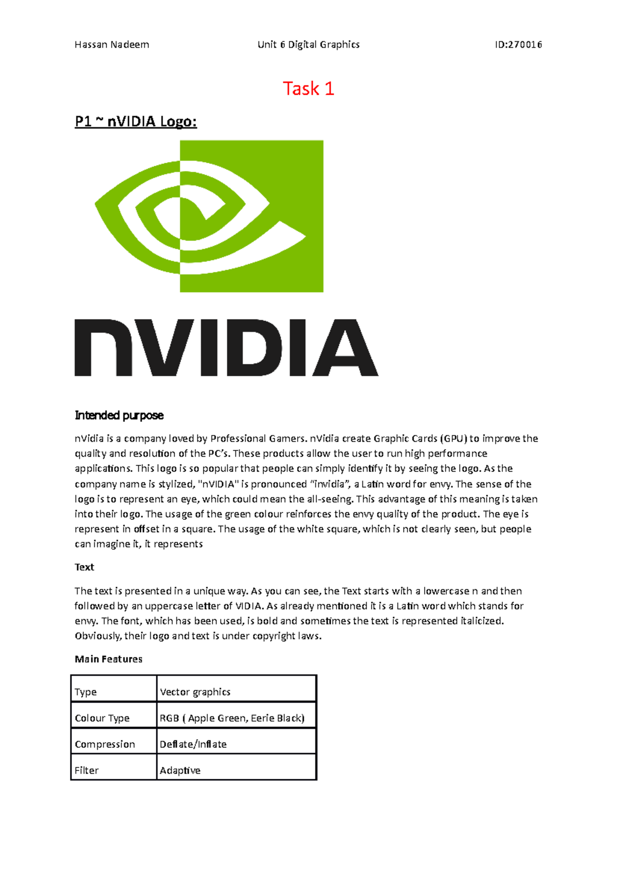 Task 1 - Notes - Task 1 P1 ~ nVIDIA Logo: Intended purpose nVidia is a ...