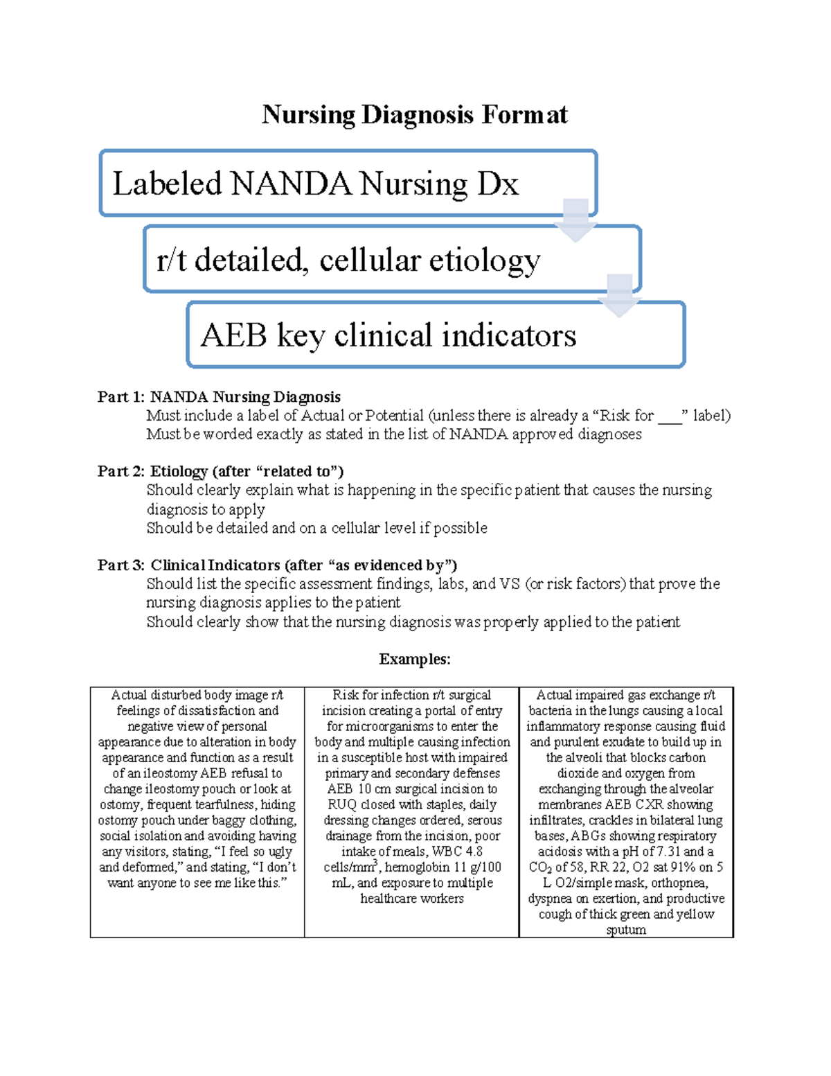 Nursing Diagnosis Help Sheet - Nursing Diagnosis Format Part 1: NANDA ...