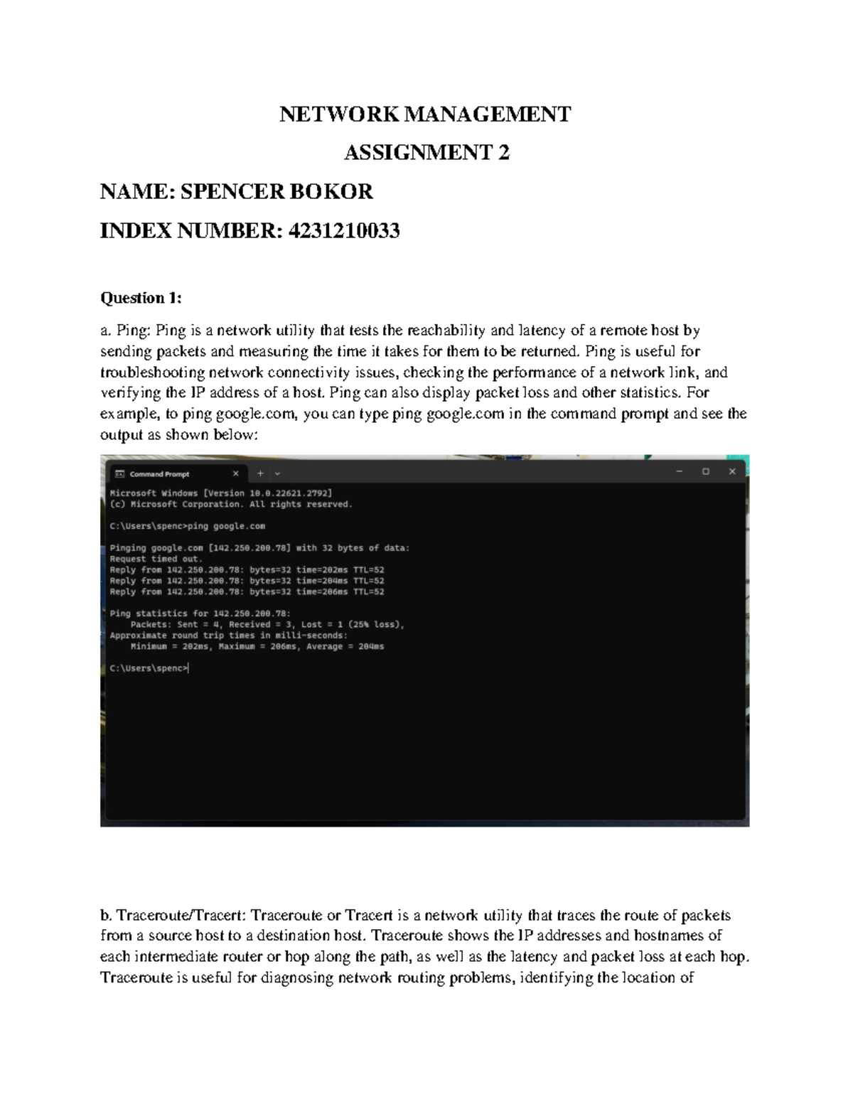 4231210033 Spencer Bokor - NETWORK MANAGEMENT ASSIGNMENT 2 NAME: SPENCER BOKOR INDEX NUMBER ...