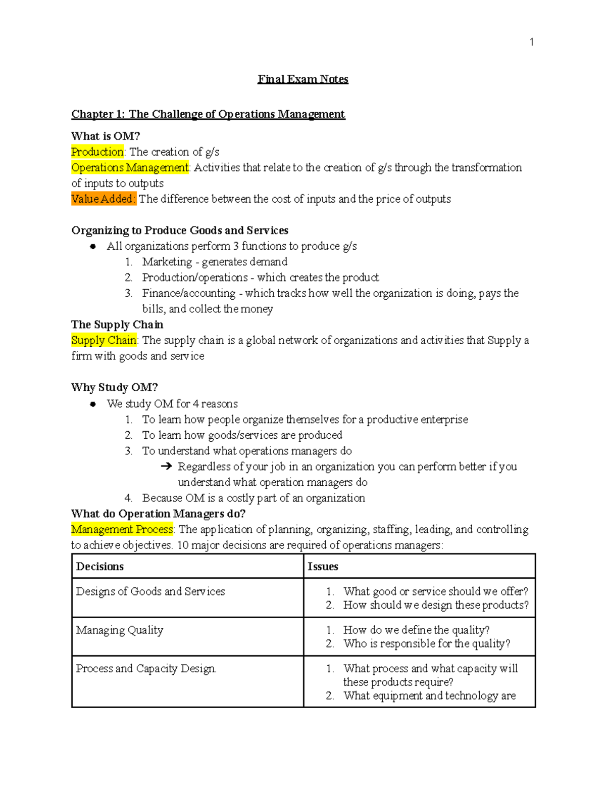 GMS401 Final Exam Notes - Final Exam Notes Chapter 1: The Challenge of ...