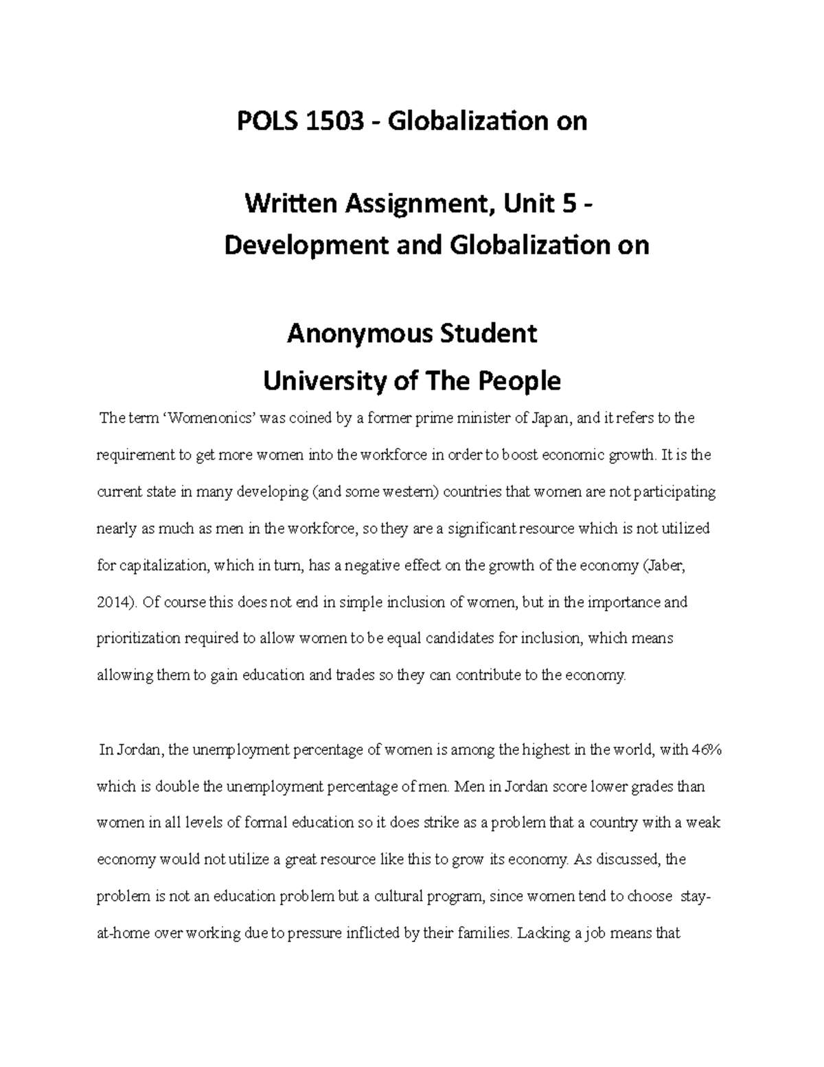 UNIT 5 Written Assignment - POLS 1503 - Globalization on Written Assignment, Unit 5 ...