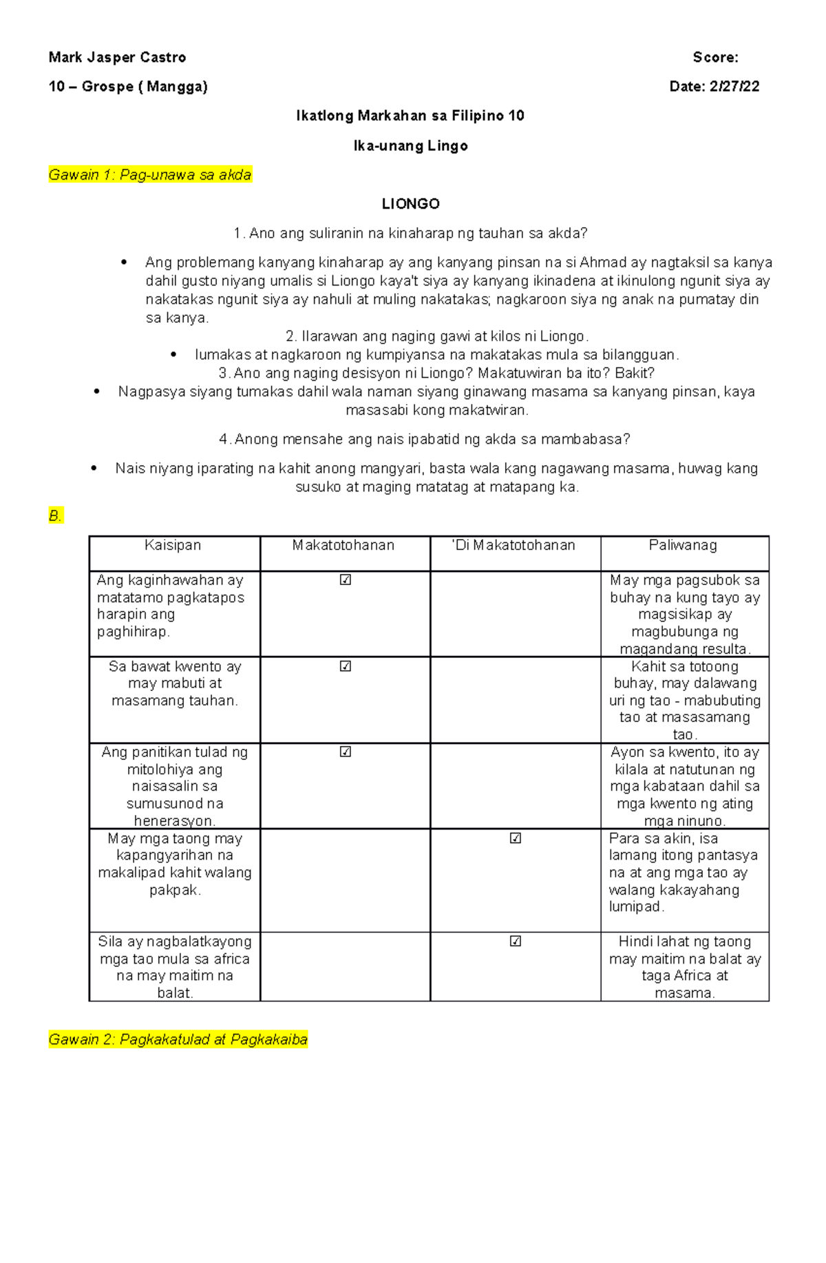 Filipino 10, Q3 WEEK 1 TO 2 - Mark Jasper Castro Score: 10 – Grospe ...