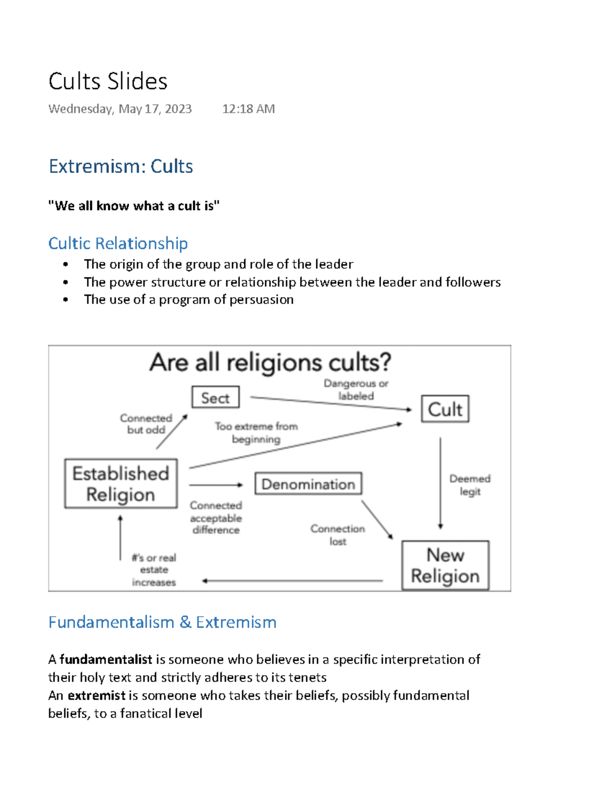 Cults Slides - Extremism: Cults "We all know what a cult is" Cultic ...