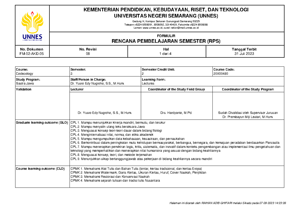 RPS-Codecology - RPS - UNIVERSITAS NEGERI SEMARANG (UNNES) Gedung H ...