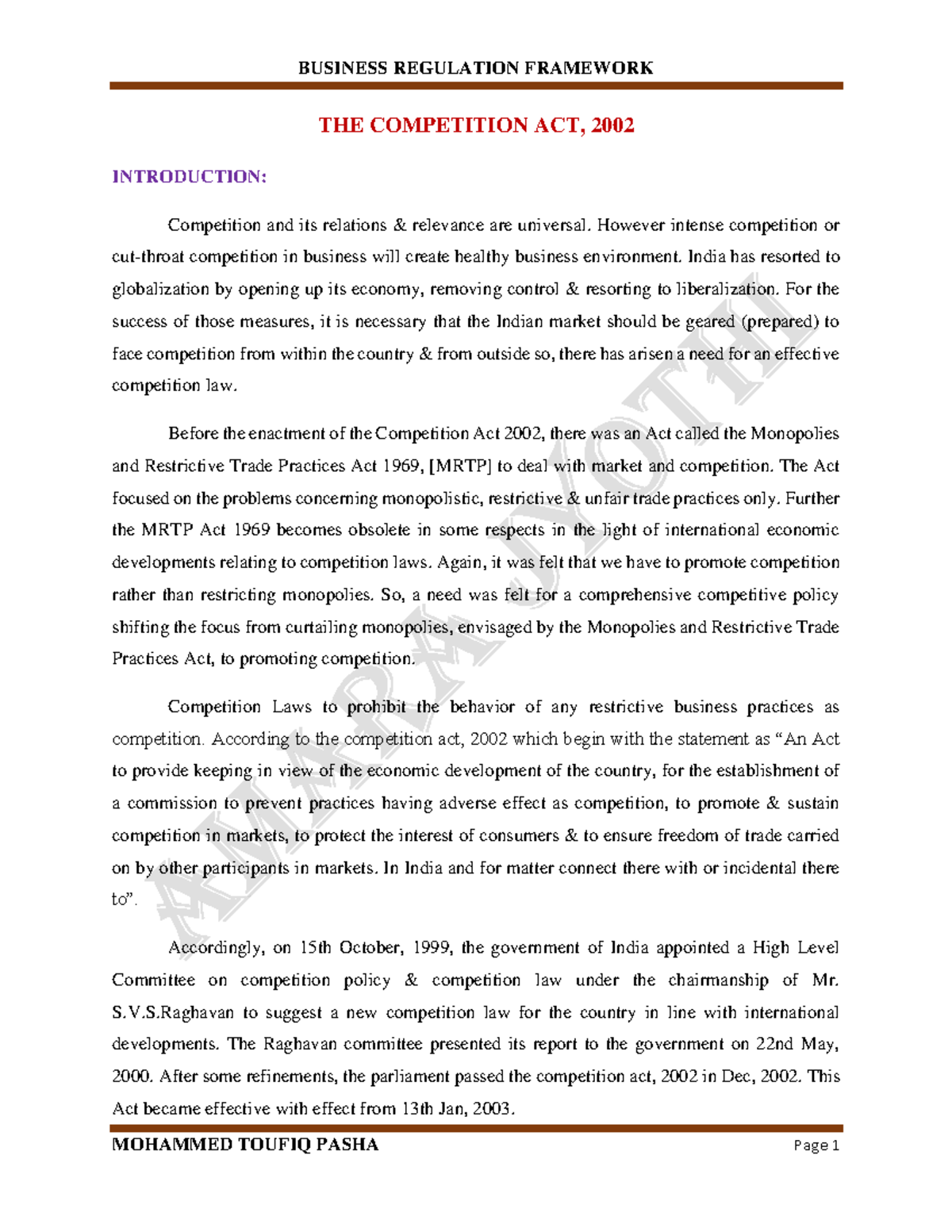 Competition ACT, 2002 - good brf notes - THE COMPETITION ACT, 2002 ...