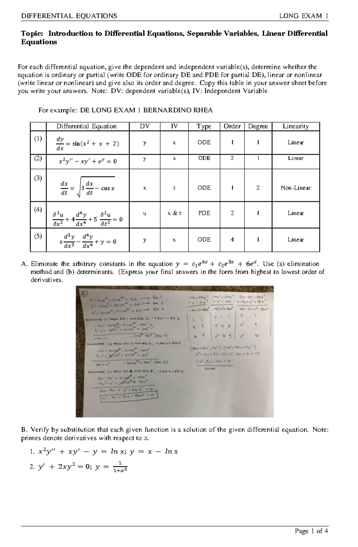 DE LONG EXAM 1 dhauidh - Topic: Introduction to Differential Equations, Separable Variables ...