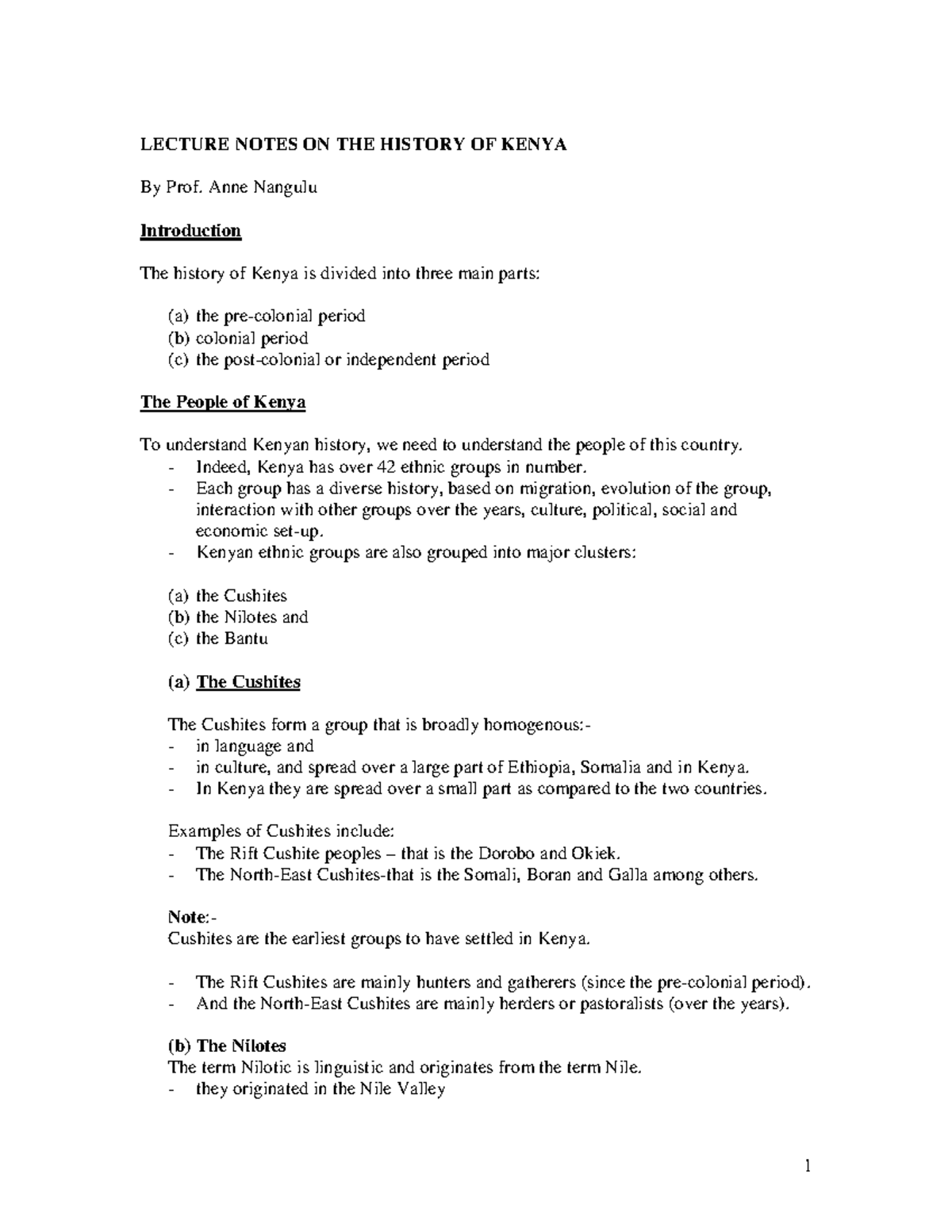 Lecture Notes ON THE History OF Kenya - LECTURE NOTES ON THE HISTORY OF ...