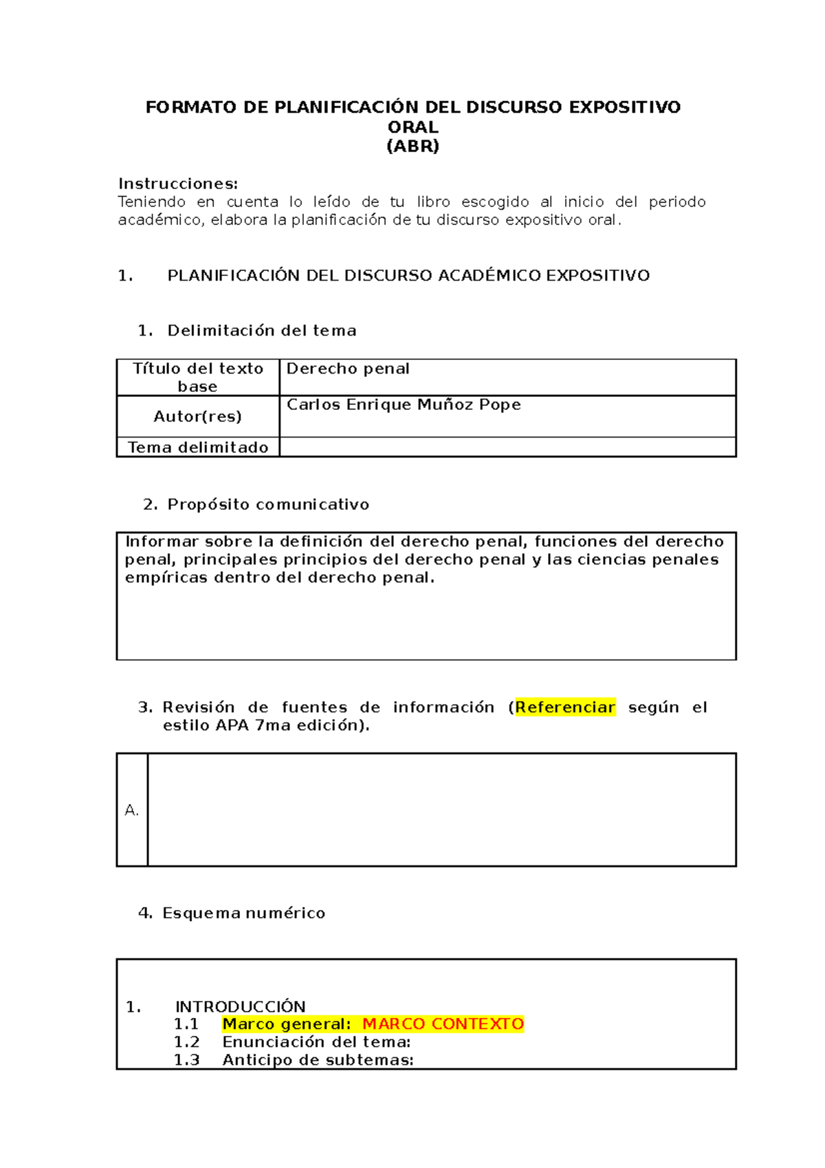 Formato DE Planificación DEL Discurso Expositivo ORAL - FORMATO DE ...
