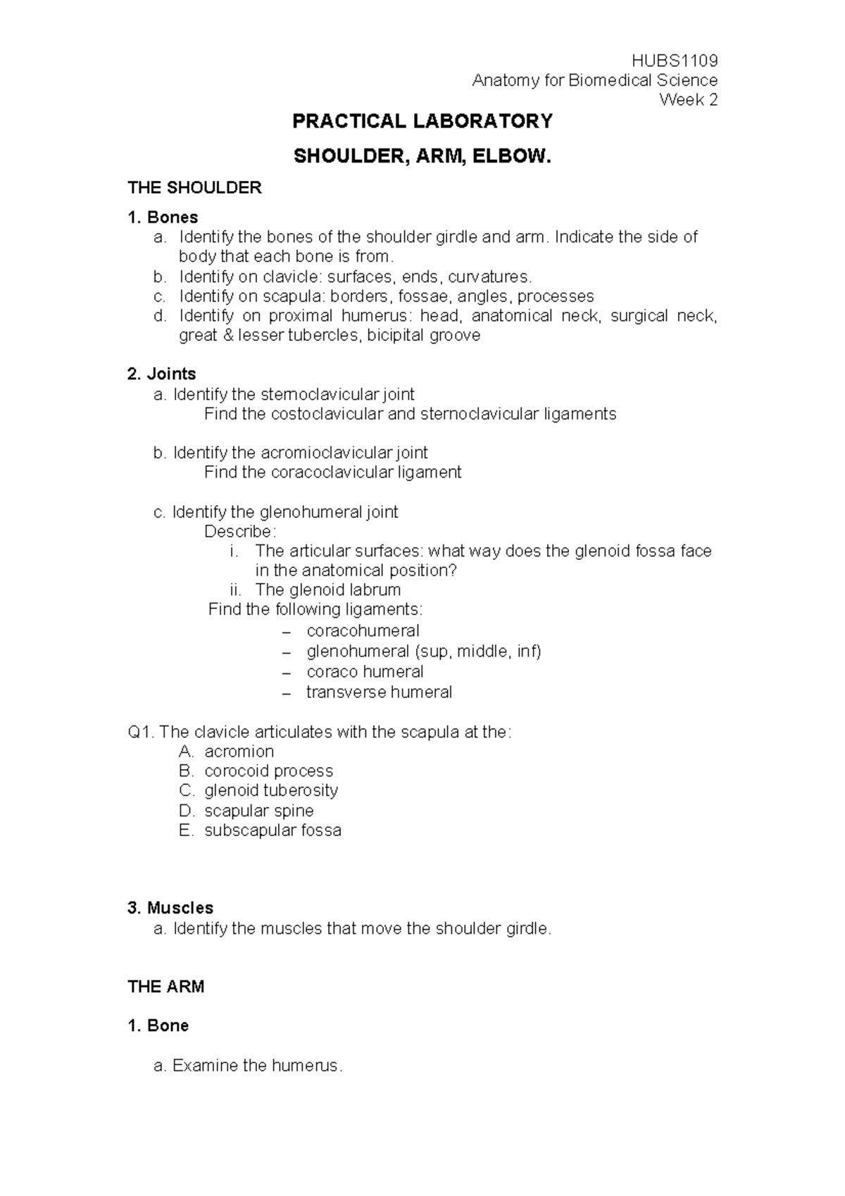 Wk2 Upper limb 1 Lab Notes - HUBS Anatomy for Biomedical Science Week 2 ...