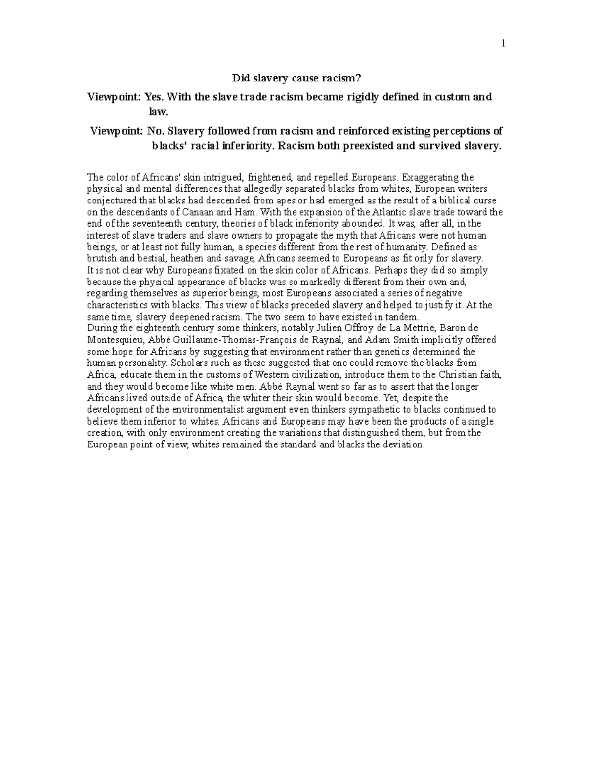 Did slavery cause racism viewpoint essay - Did slavery cause racism ...
