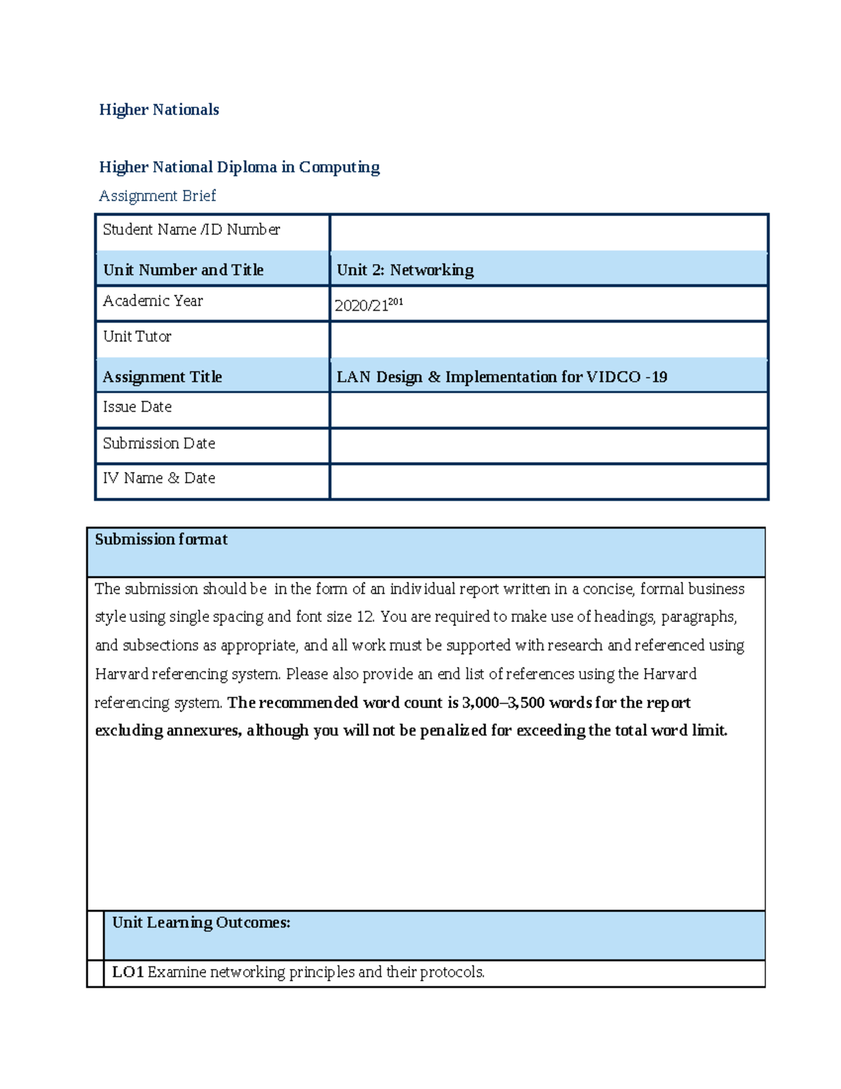 Assingment - Networking - Higher Nationals Higher National Diploma in Computing Assignment Brief ...