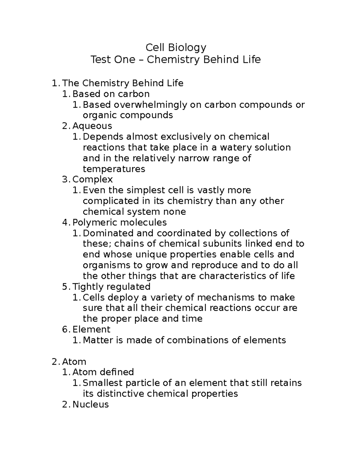 Chemistry Behind Life Notes - Cell Biology Test One Chemistry Behind ...