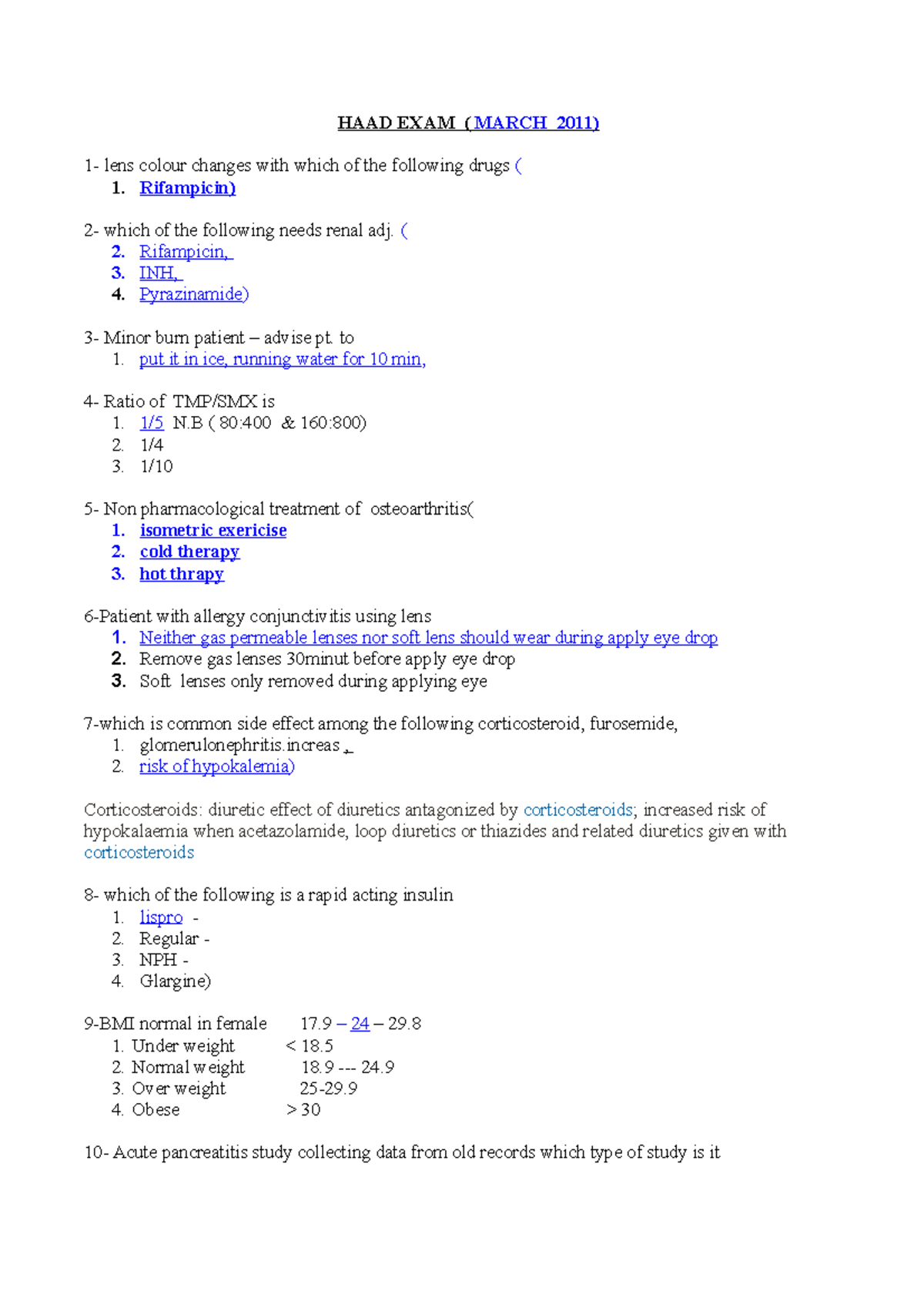 HAAD EXAM March 2011- final - HAAD EXAM ( MARCH 2011) 1- lens colour ...