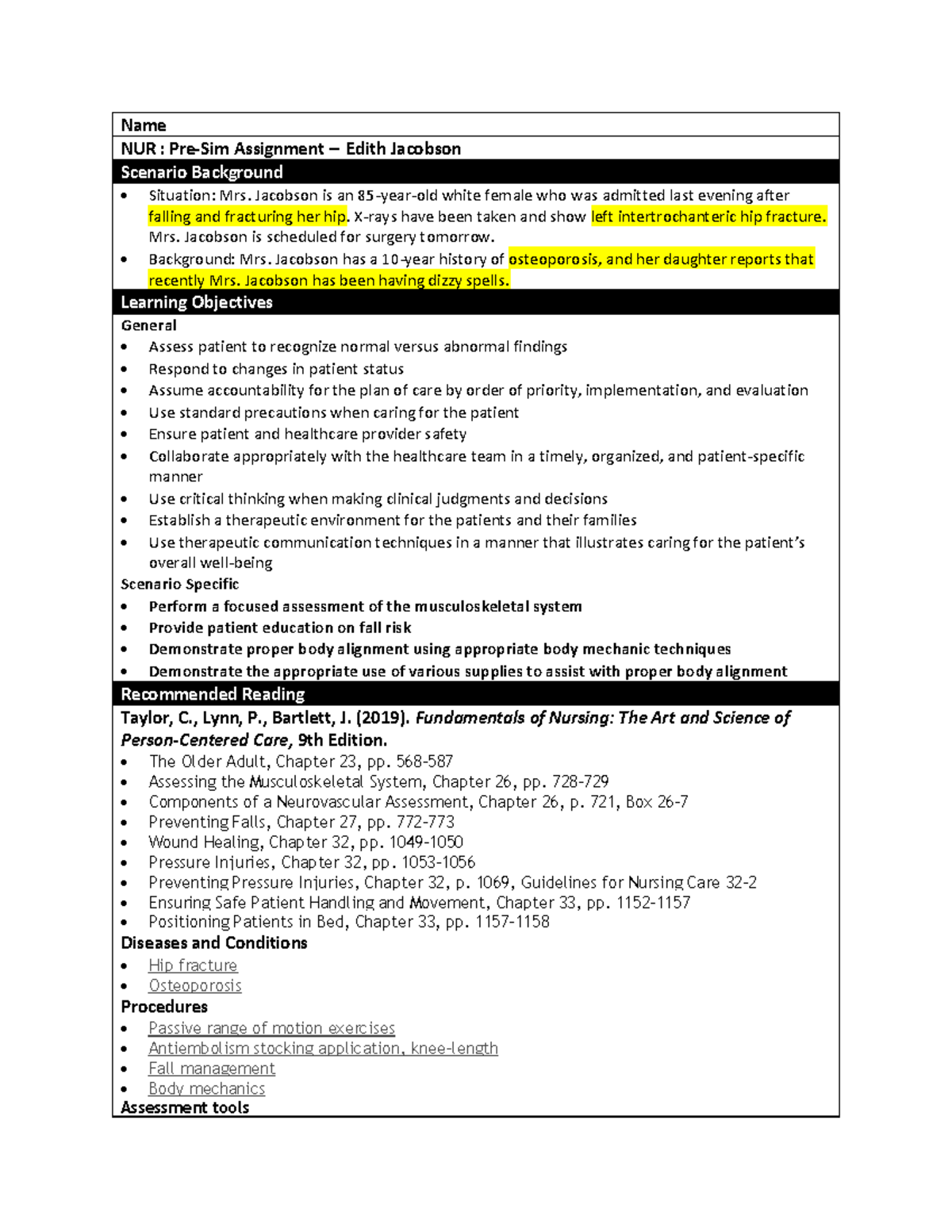 Edith Jacobsen Pre-Sim - Name NUR : Pre-Sim Assignment – Edith Jacobson ...