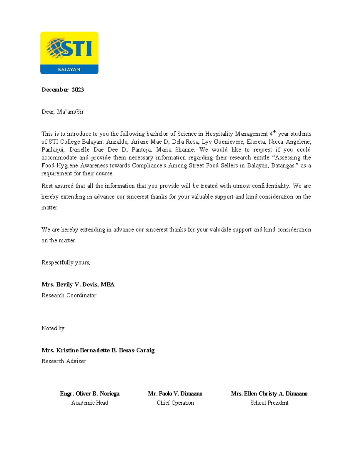 Letter 1 - December 2023 Dear, Ma’am/Sir This is to introduce to you ...