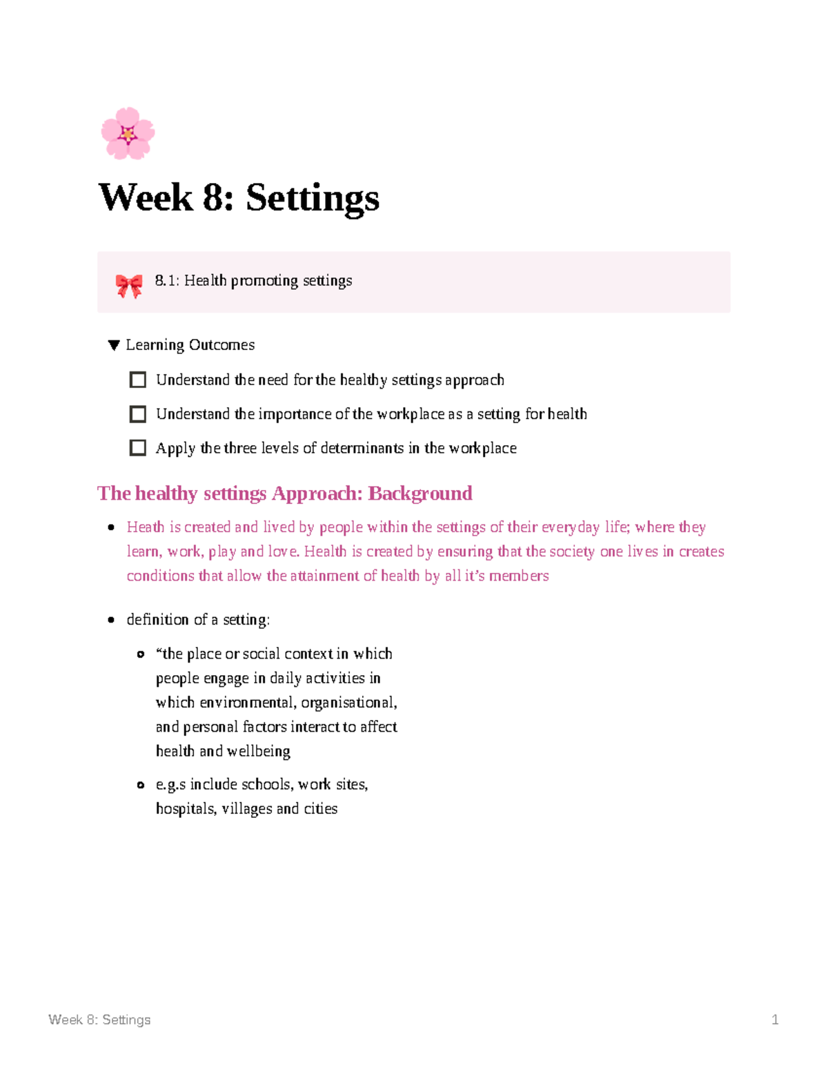 Week 8 Settings - week 8 notes - Week 8: Settings u 8: Health promoting ...