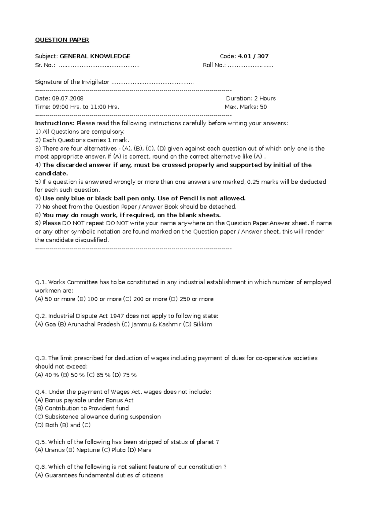 BSCB General Knowledge - QUESTION PAPER Subject: GENERAL KNOWLEDGE Code ...