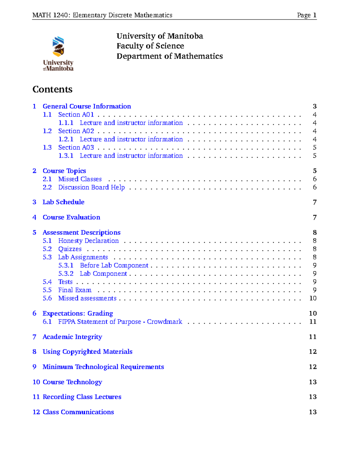 Course Outline MATH 1240Fall2022 - University of Manitoba Faculty of ...