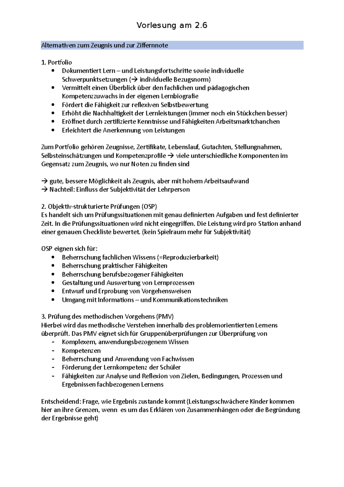 5. Vorlesung - Vorlesung am 2. Alternativen zum Zeugnis und zur ...