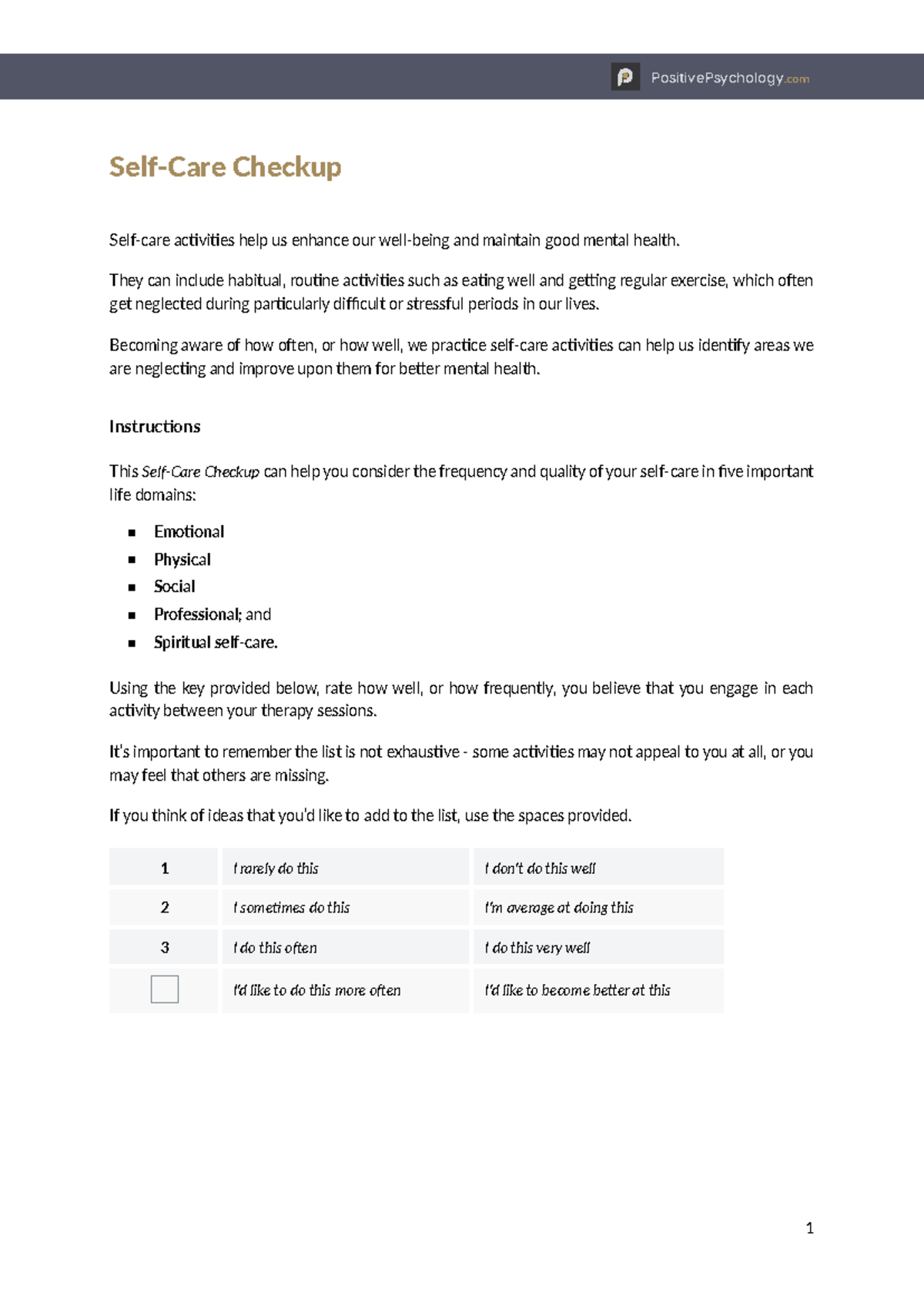 Self-Care-Checkup - Activity for Social Work students - Self-Care ...