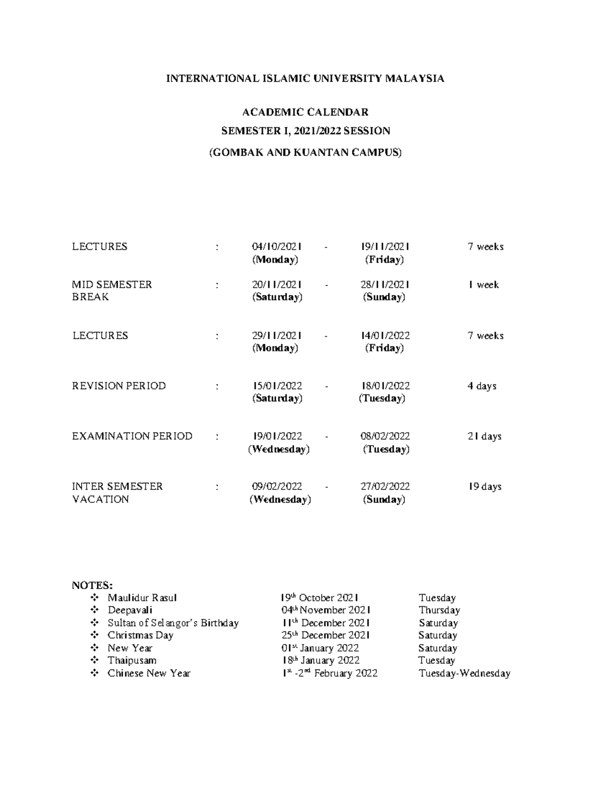 Academic Calendar -Gombak & Kuantan Campus-2021-2022 - INTERNATIONAL ...