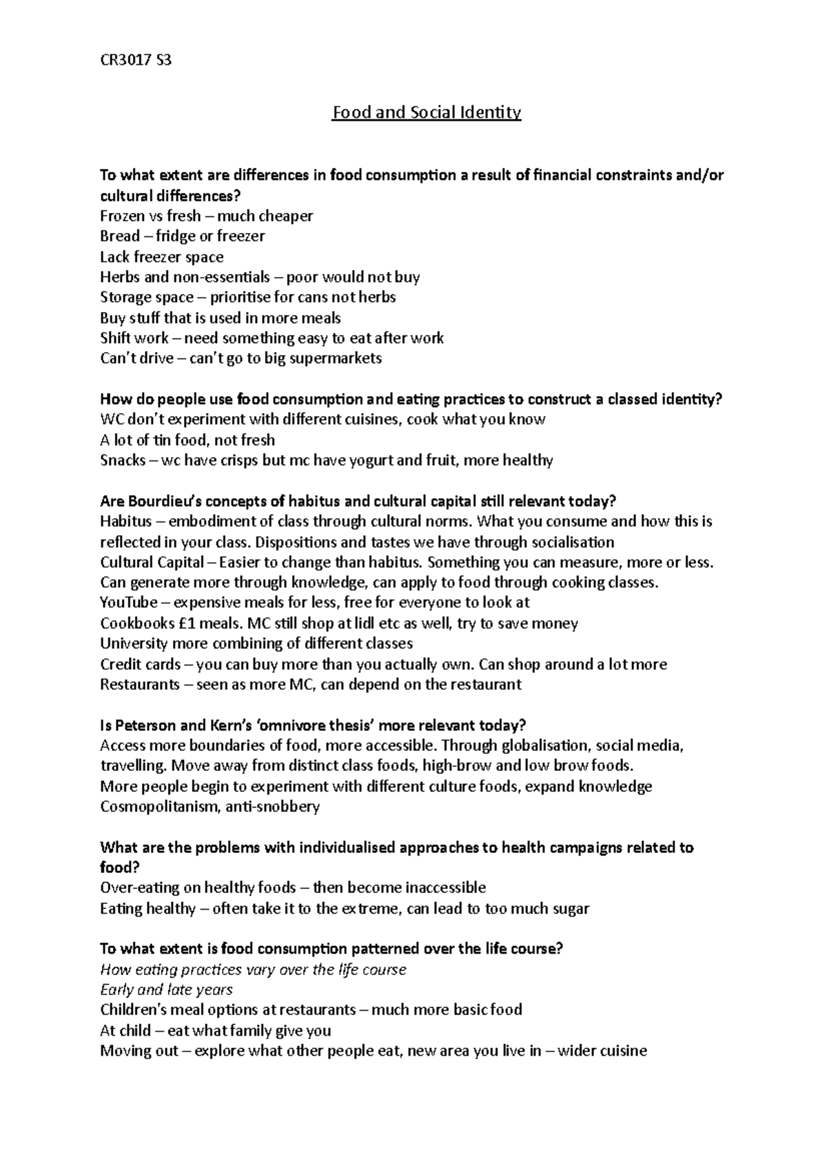 Seminar 3 Social Identity - CR3017 S Food and Social Identity To what ...