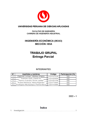 Trabajo Final Ingeco Ejemplo 2 - UNIVERSIDAD PERUANA DE CIENCIAS APLICADAS FACULTAD DE ...