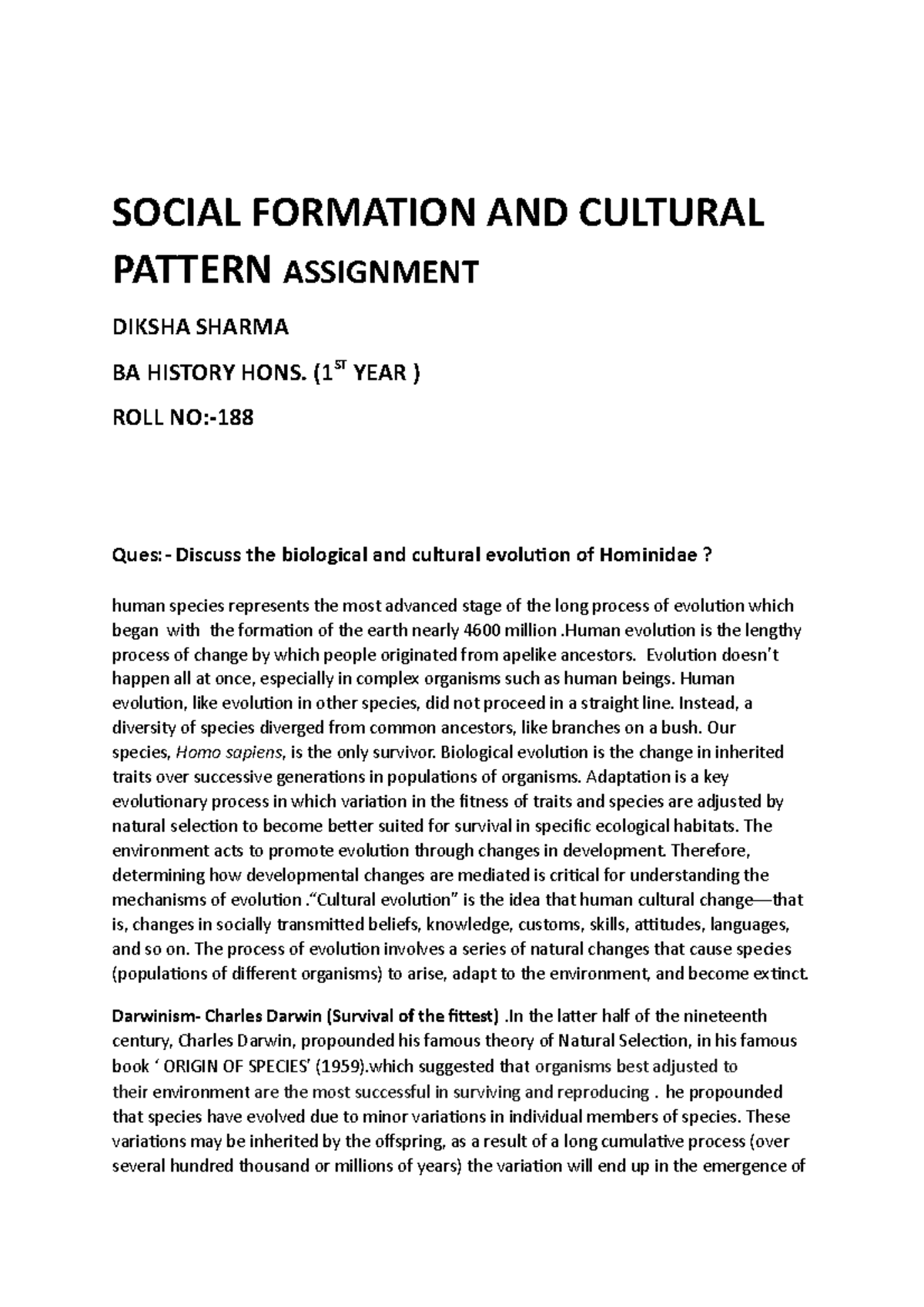 Sofo assignment - SOCIAL FORMATION AND CULTURAL PATTERN ASSIGNMENT ...