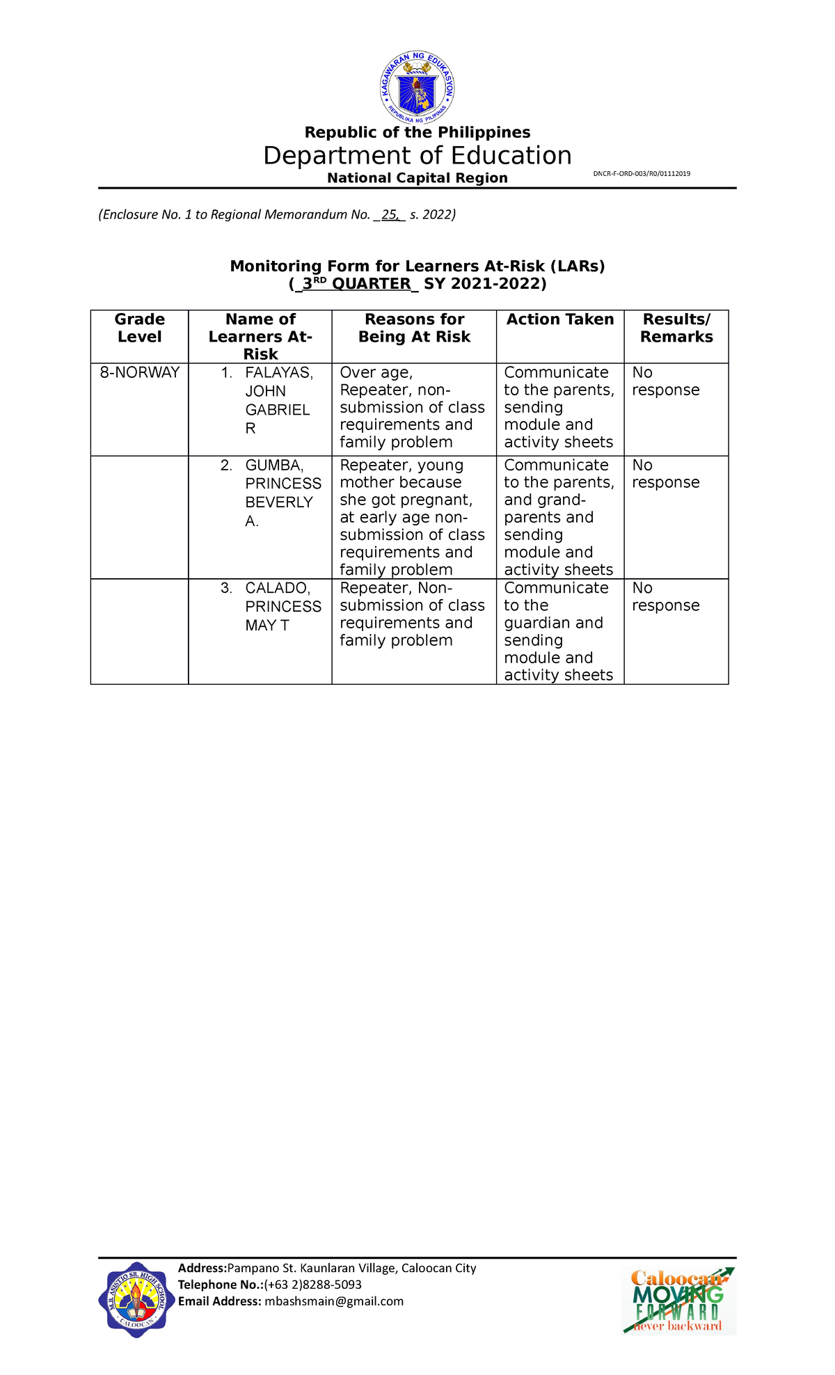 8- Norway Learners-AT-RISK-LARS - DNCR-F-ORD-003/R0/ Republic of the ...