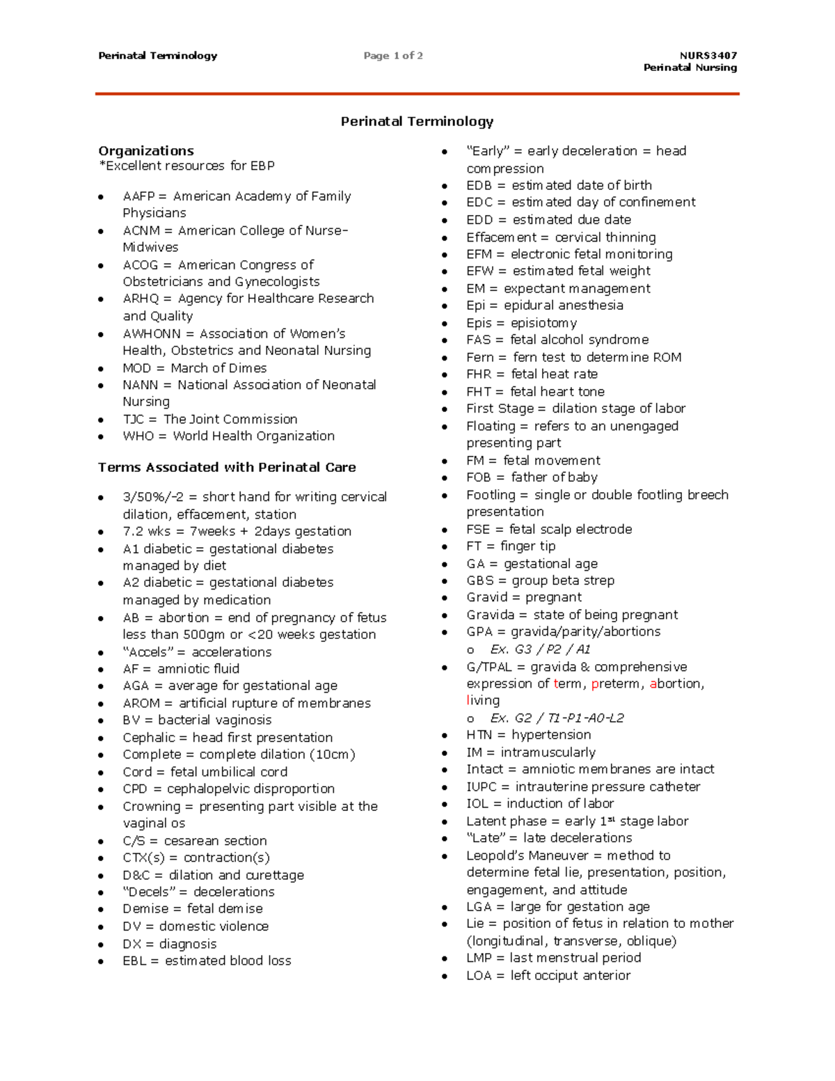 Helpful Perinatal Terminology - Perinatal Terminology Page 1 of 2 NURS ...