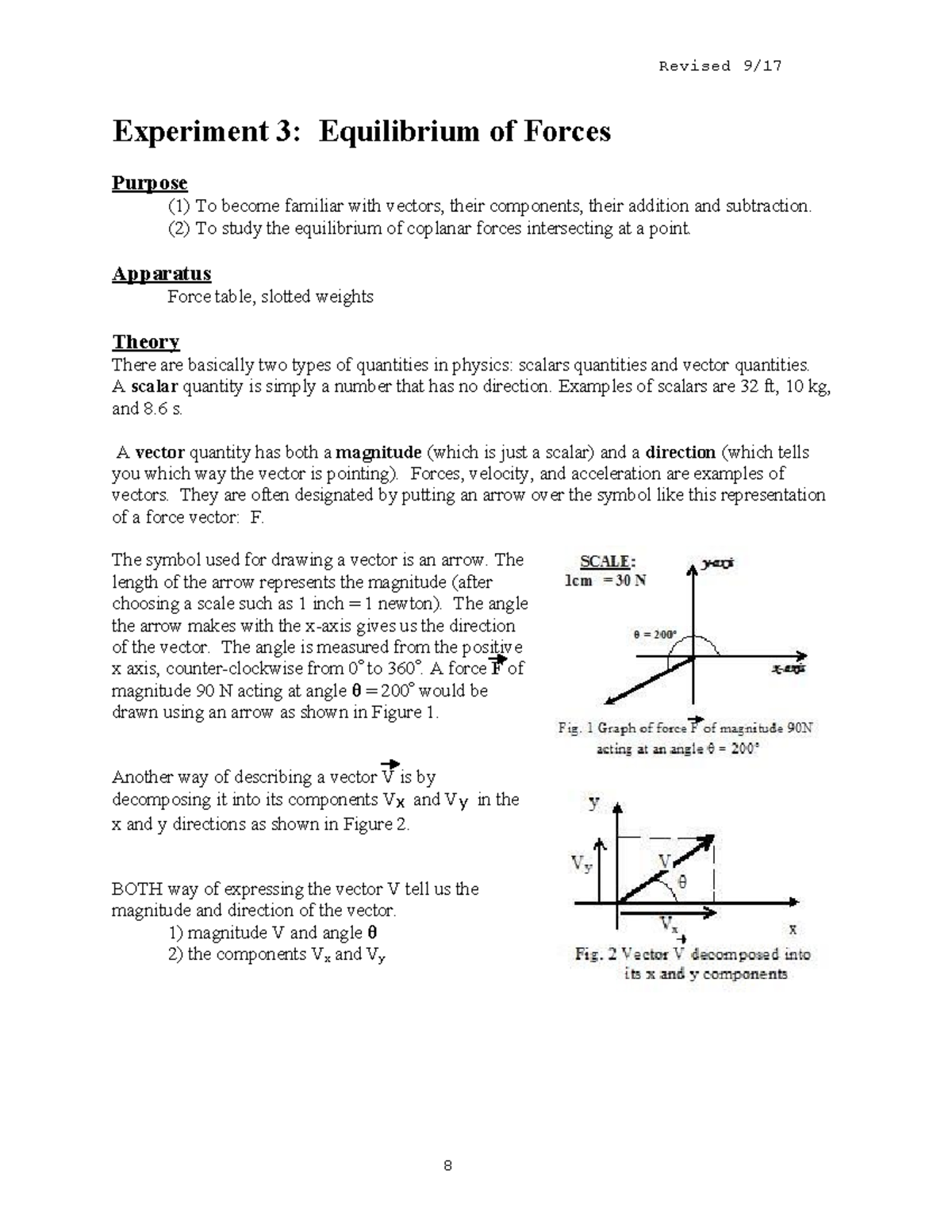 03 Forces - Revised 9/ Experiment 3: Equilibrium of Forces Purpose (1) To become familiar with ...