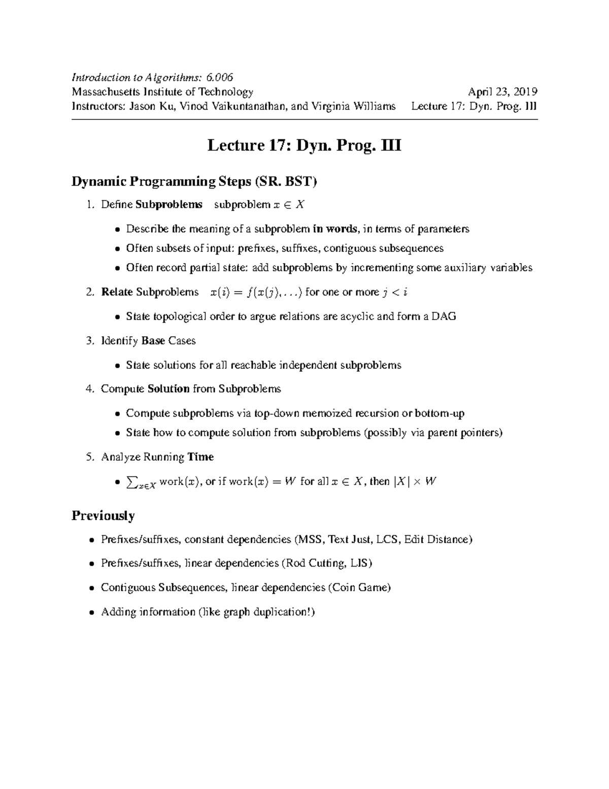 L17 Lecture Notes 17 Introduction To Algorithms 6 Massachusetts Institute Of Technology