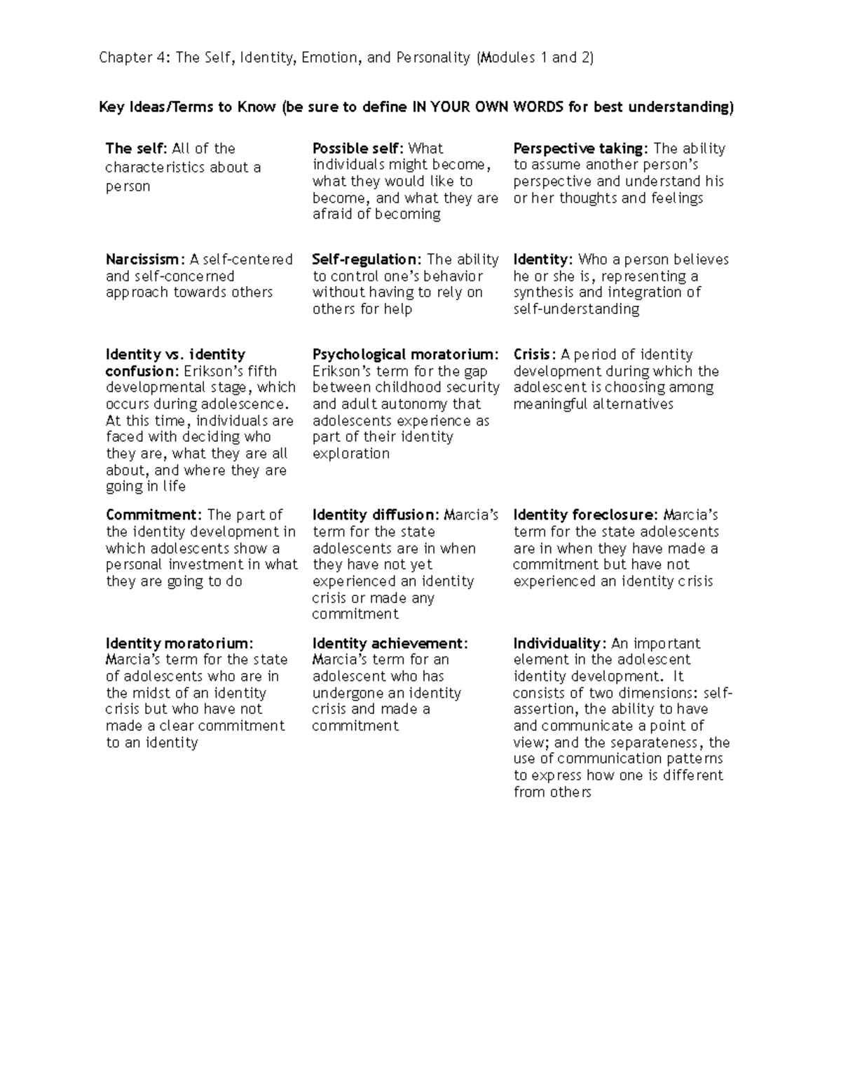 Chapter 4 Study Sheet Sections 1 and 2 - Key Ideas/Terms to Know (be ...