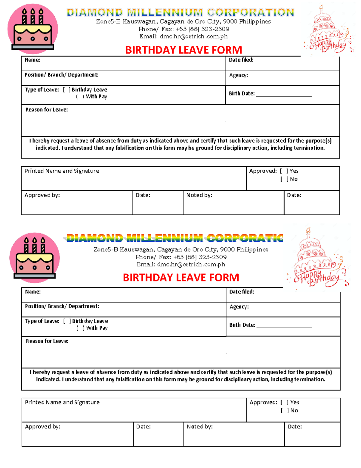 Birthday Leave FORM 2023 - Zone5-B Kauswagan, Cagayan de Oro City, 9000 ...