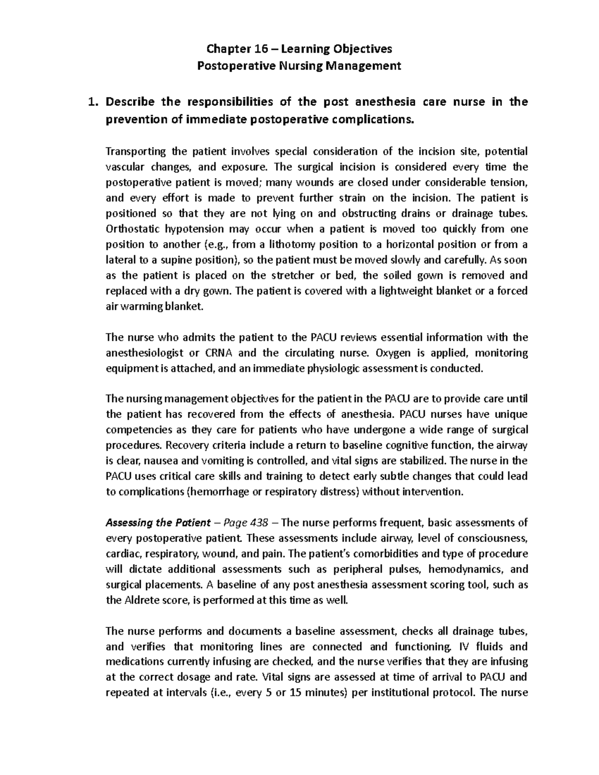 Chapter 16 - Learning Objectives - Postoperative Nursing Management ...