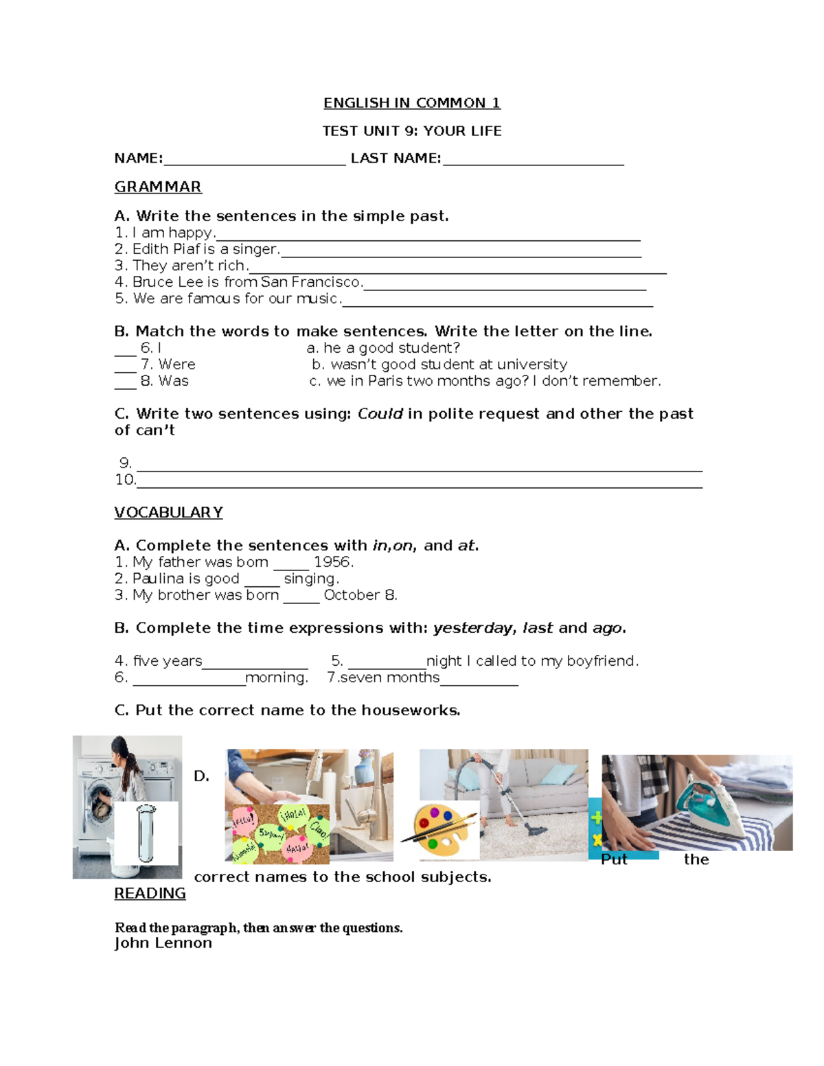 TEST UNIT 9 Englih IN Common - ENGLISH IN COMMON 1 TEST UNIT 9: YOUR ...