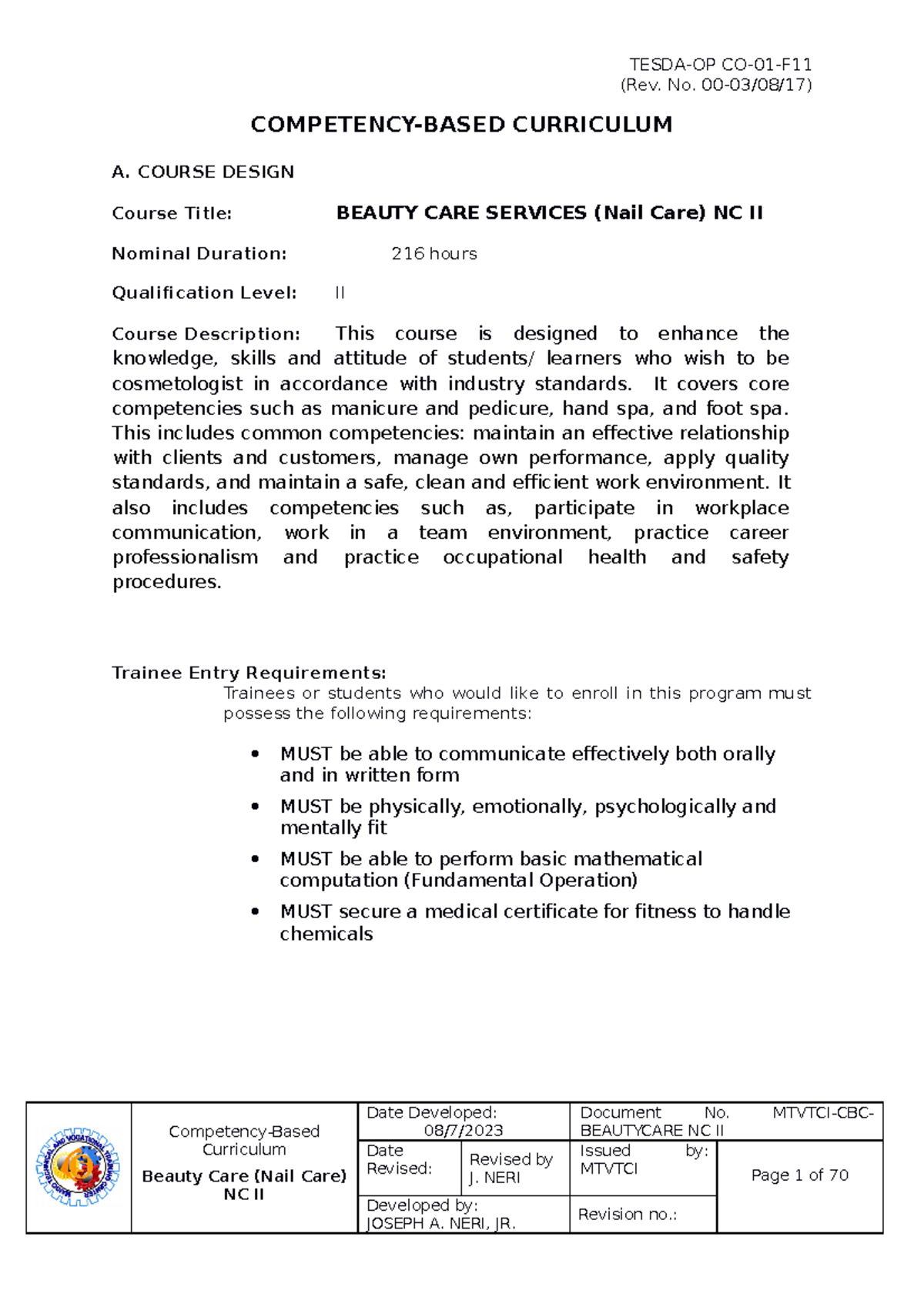 Mtvtci- CBC- Beauty CARE NC II - (Rev. No. 00-03/08/17) COMPETENCY ...