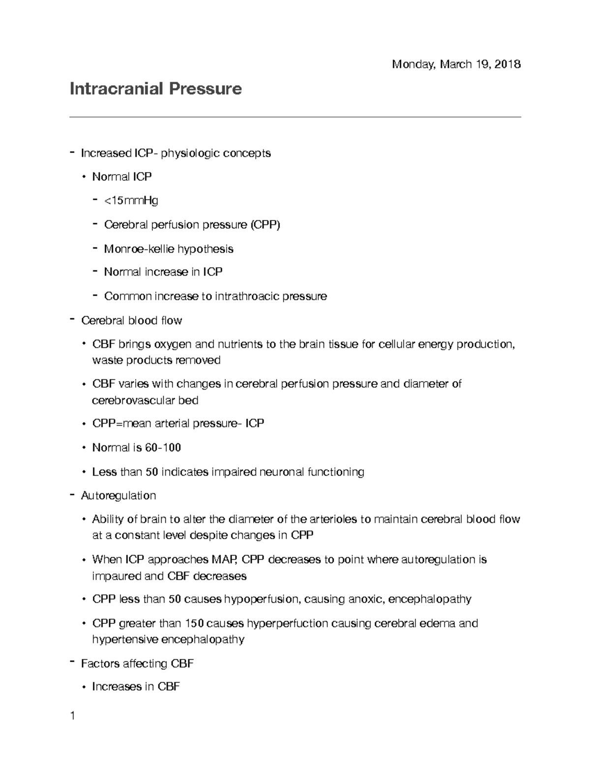 ICP Notes - Dr Rickeard - Monday, March 19, 2018 Intracranial Pressure ...