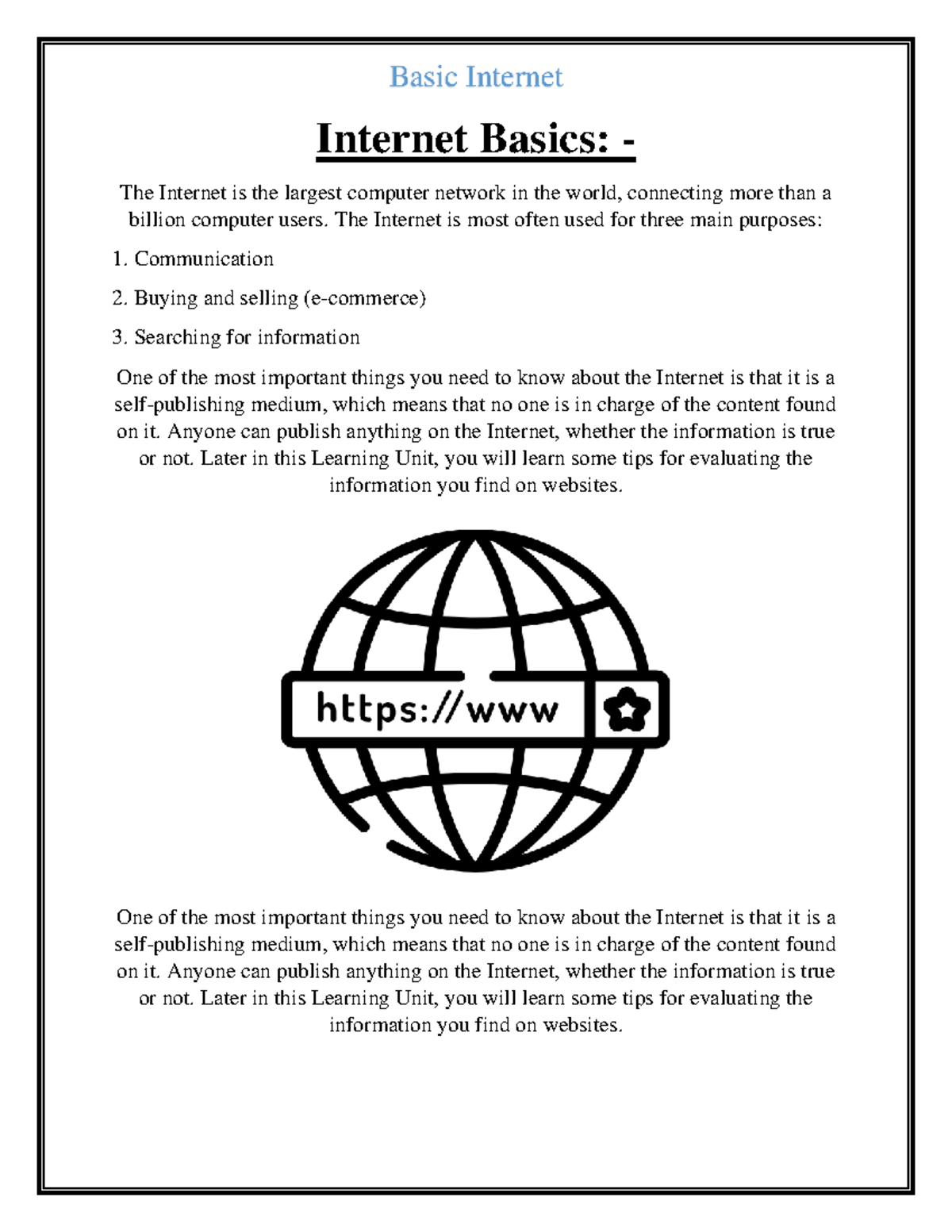 ICT project pdf - Internet Basics: - The Internet is the largest ...