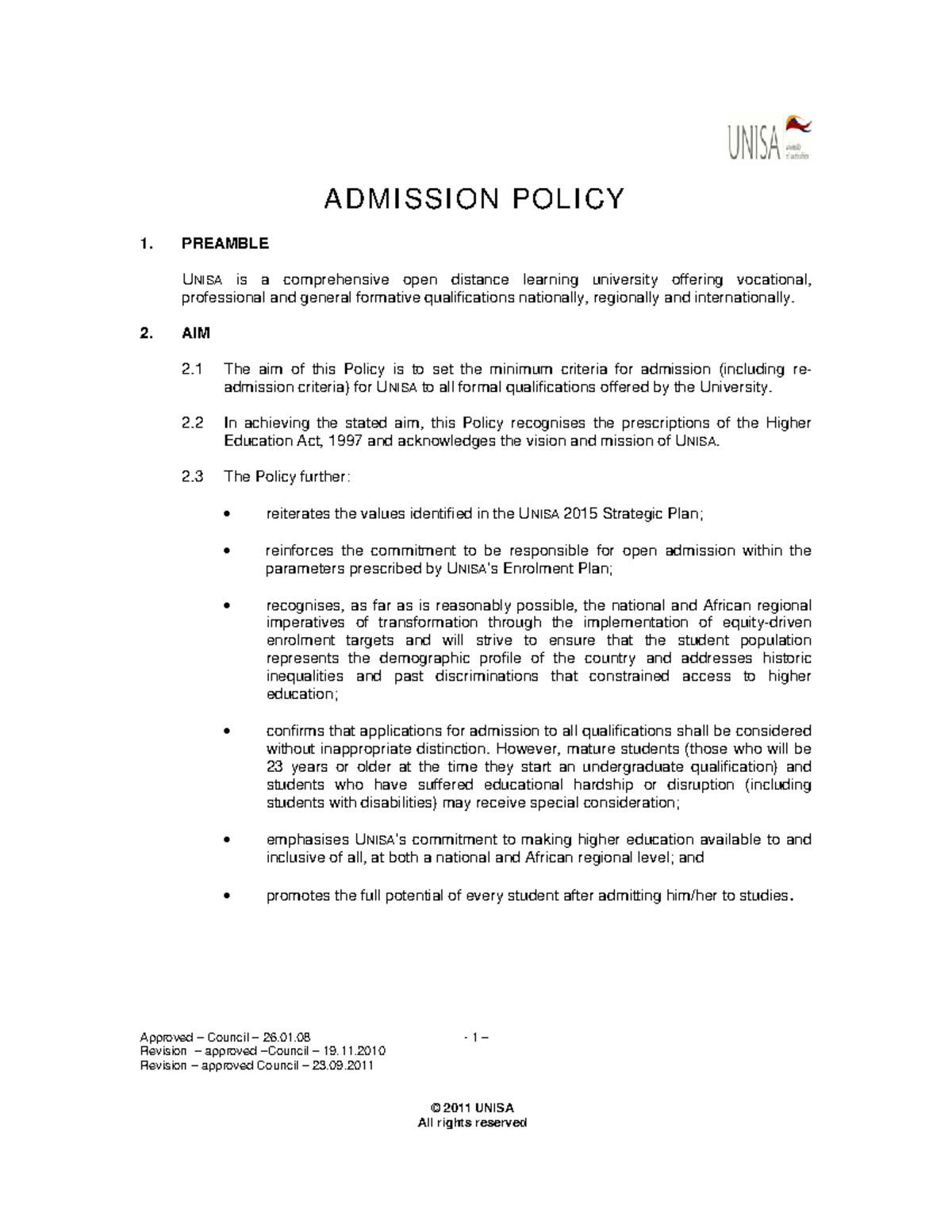 Admission Policy 23092011 - Approved – Council – 26.01 - 1 – Revision ...