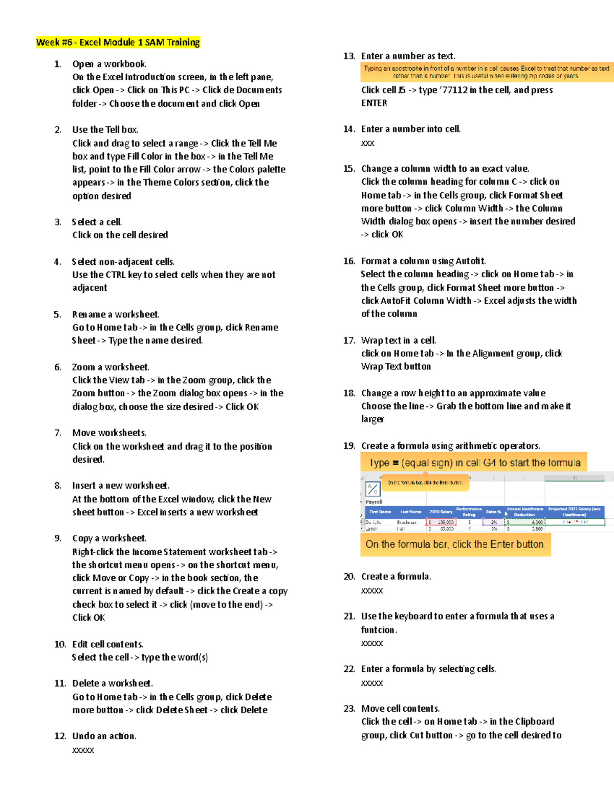 Weeks from 6 to 13 Training Material Excel - Week #6 - Excel Module 1 SAM Training Open a ...