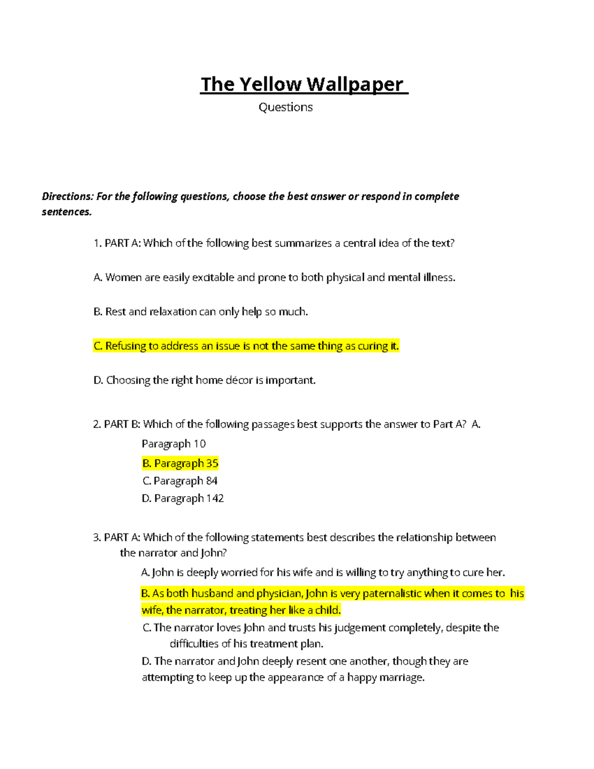 The Yellow Wallpaper-student copy - The Yellow Wallpaper Questions ...