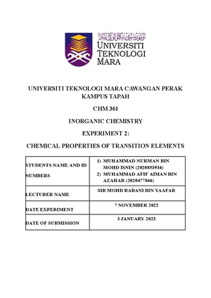 CHM361 LAB Report EXP 2 - synthesis of potassium tris(oxalate) ferrate (III) trihydrate ...