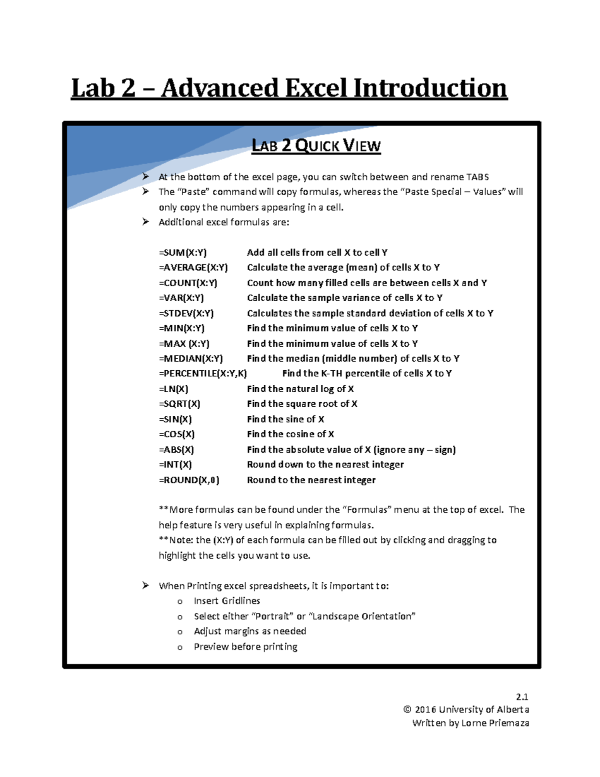 Econ 299 Lab Manual Chapter 02 - 2. 1 © 2016 University of Alberta Lab 2 – Advanced Excel - Studocu