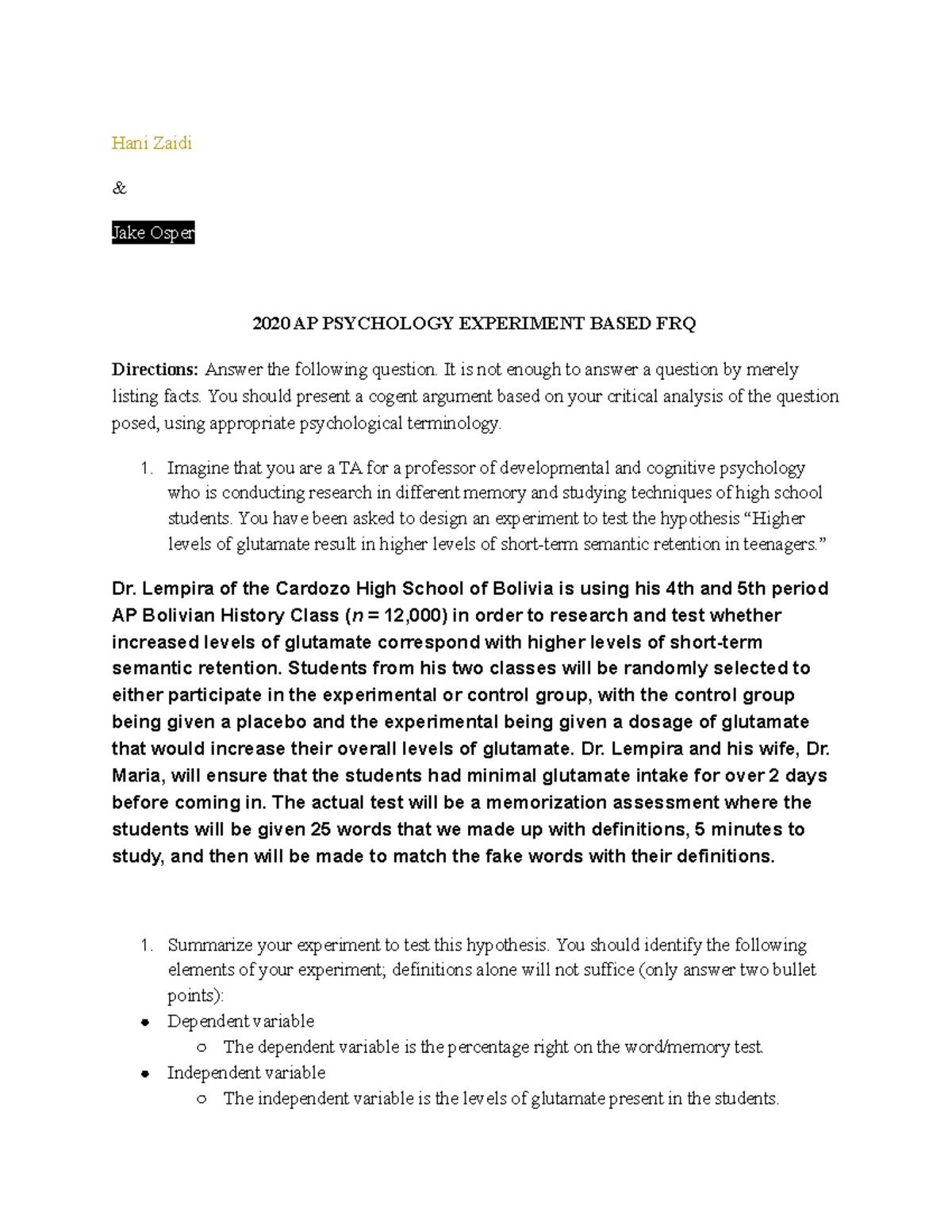 Stuco 5 - Experiment based FRQ - Hani Zaidi & Jake Osper 2020 AP ...