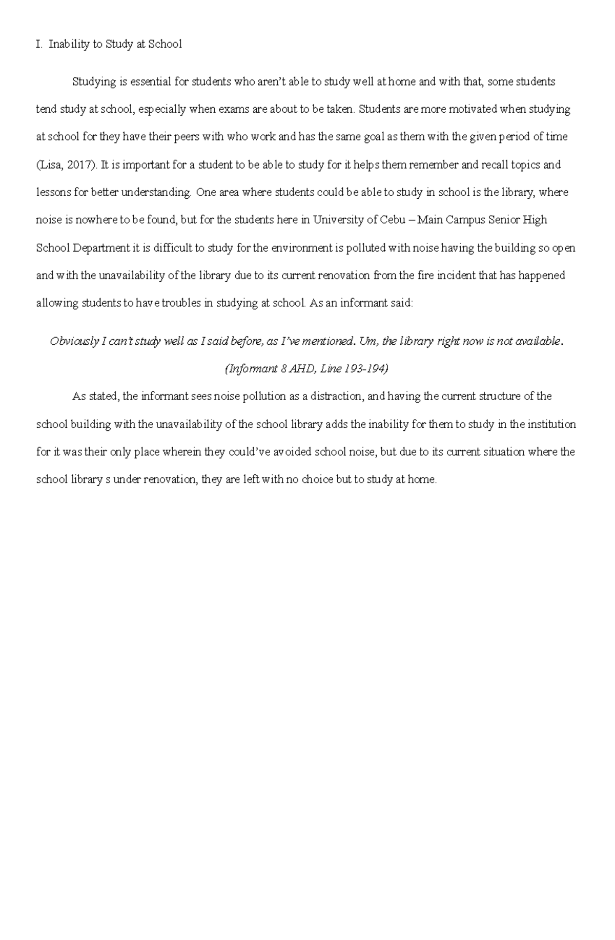 I. Inability TO Study AT School kenneth - I. Inability to Study at ...