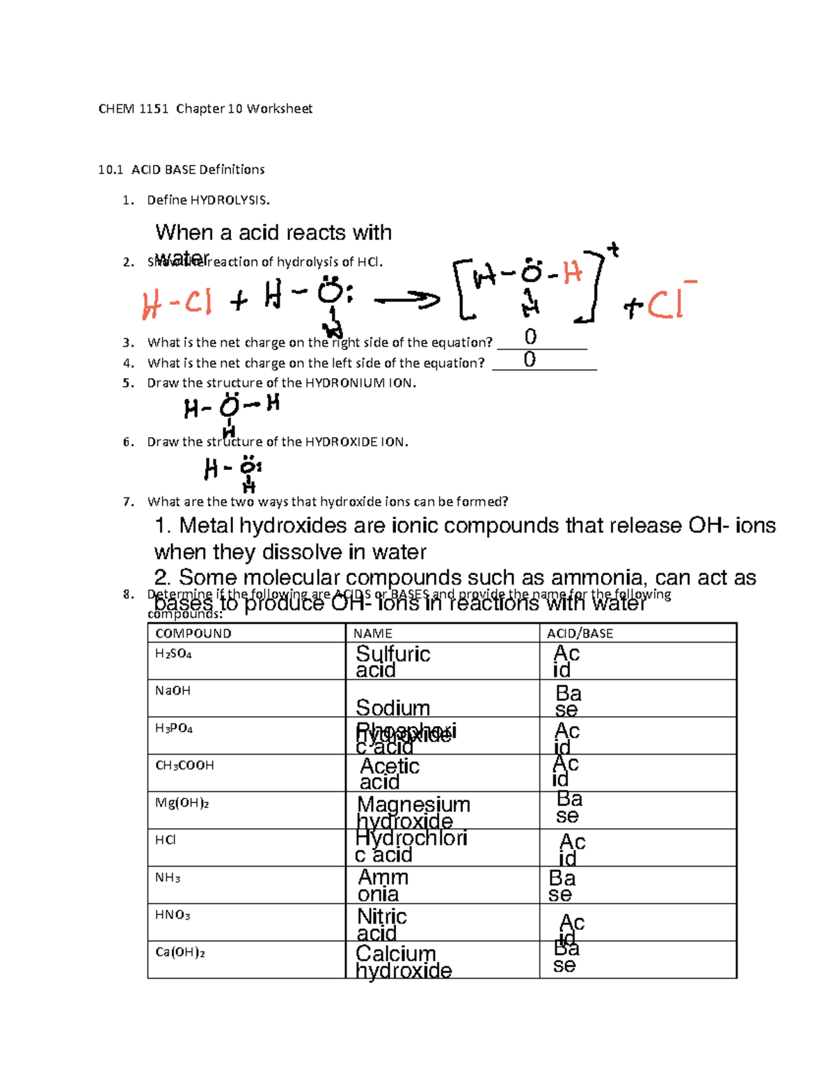 CHEM 1151 Chapter 10 Worksheet: Acid-Base Definitions and Equilibria ...