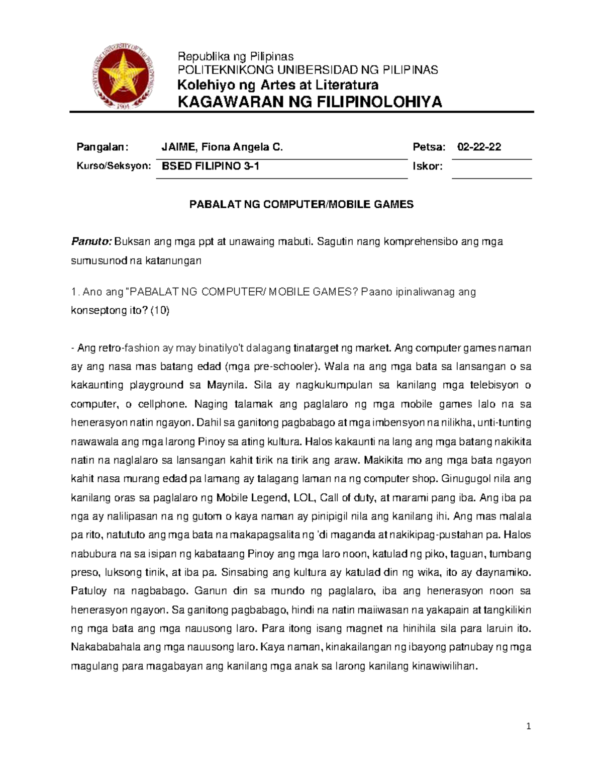Aktibiti Pabalat NG Computer O Mobile Games - POLITEKNIKONG UNIBERSIDAD ...