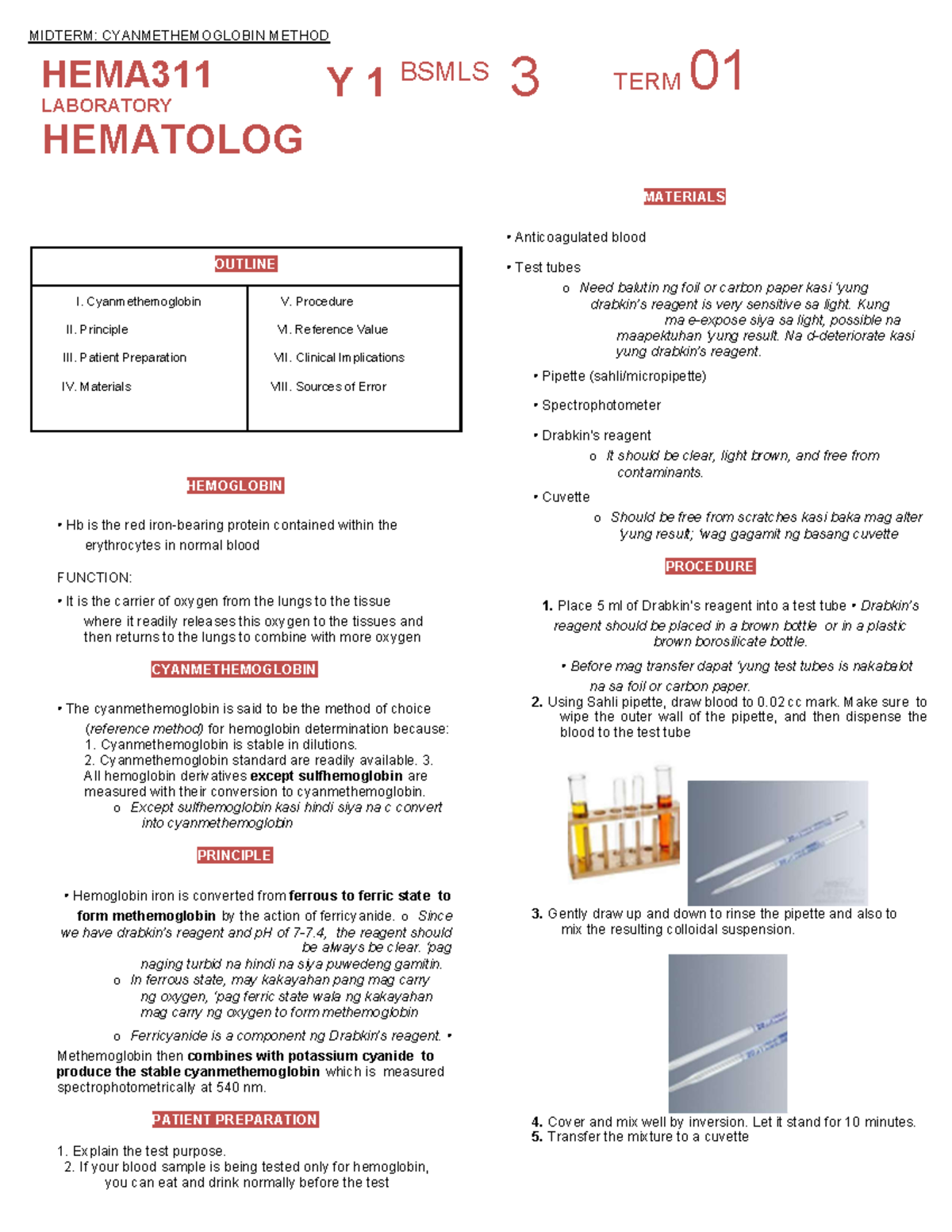 HEMA 1 WEEK 7 Laboratory - MIDTERM: CYANMETHEMOGLOBIN METHOD HEMA ...